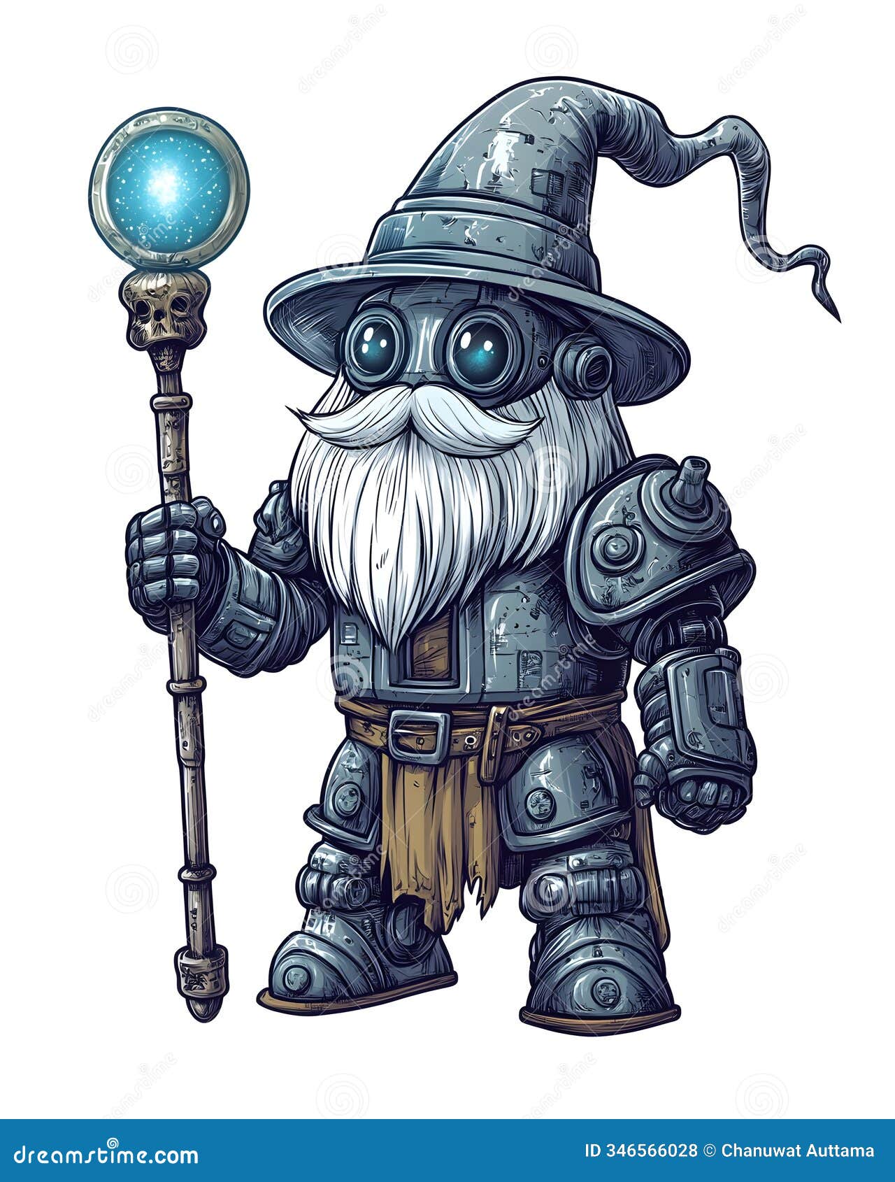 Steampunk Dwarf Wizard with Staff and Glowing Orb Illustration Stock ...