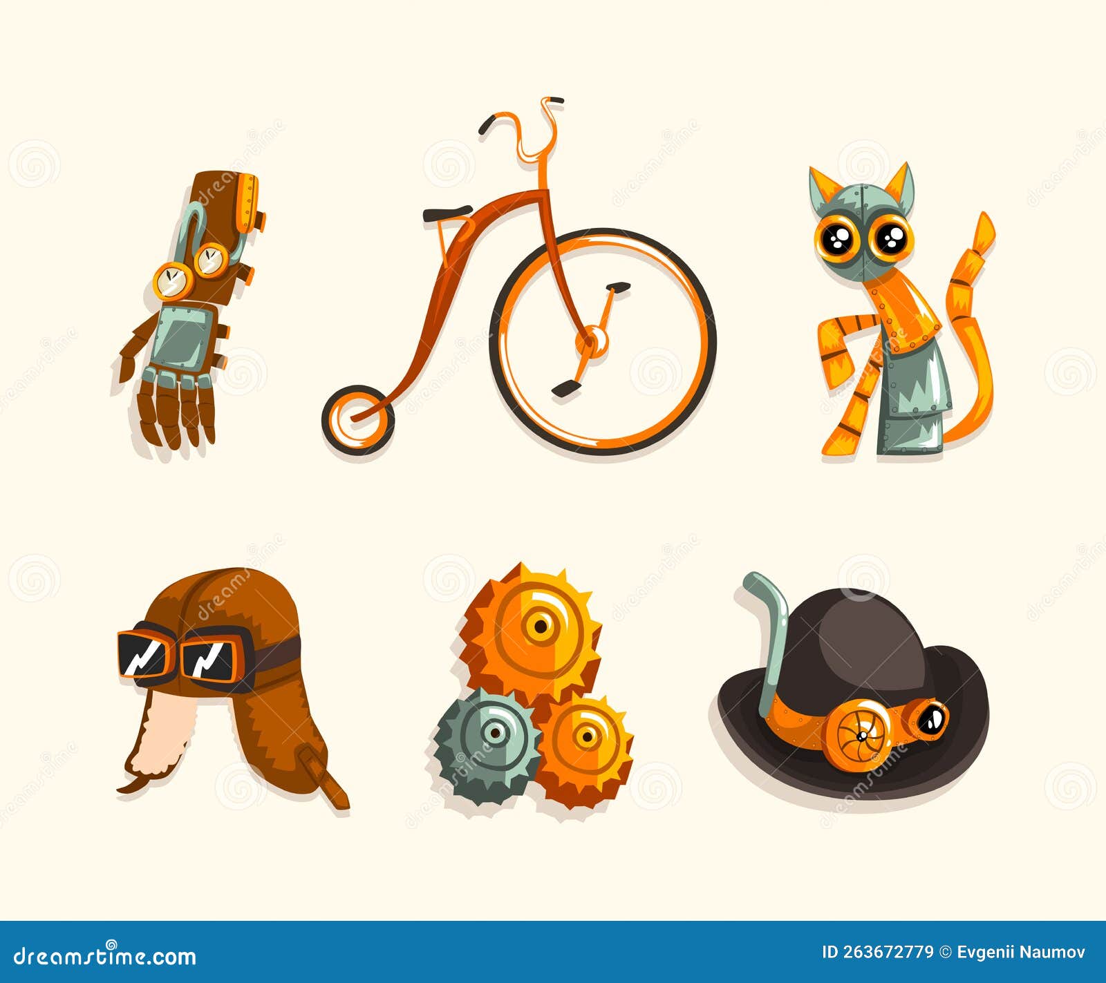 Steampunk Fictional Objects and Mechanism with Glove, Cat, Helmet, Hat ...