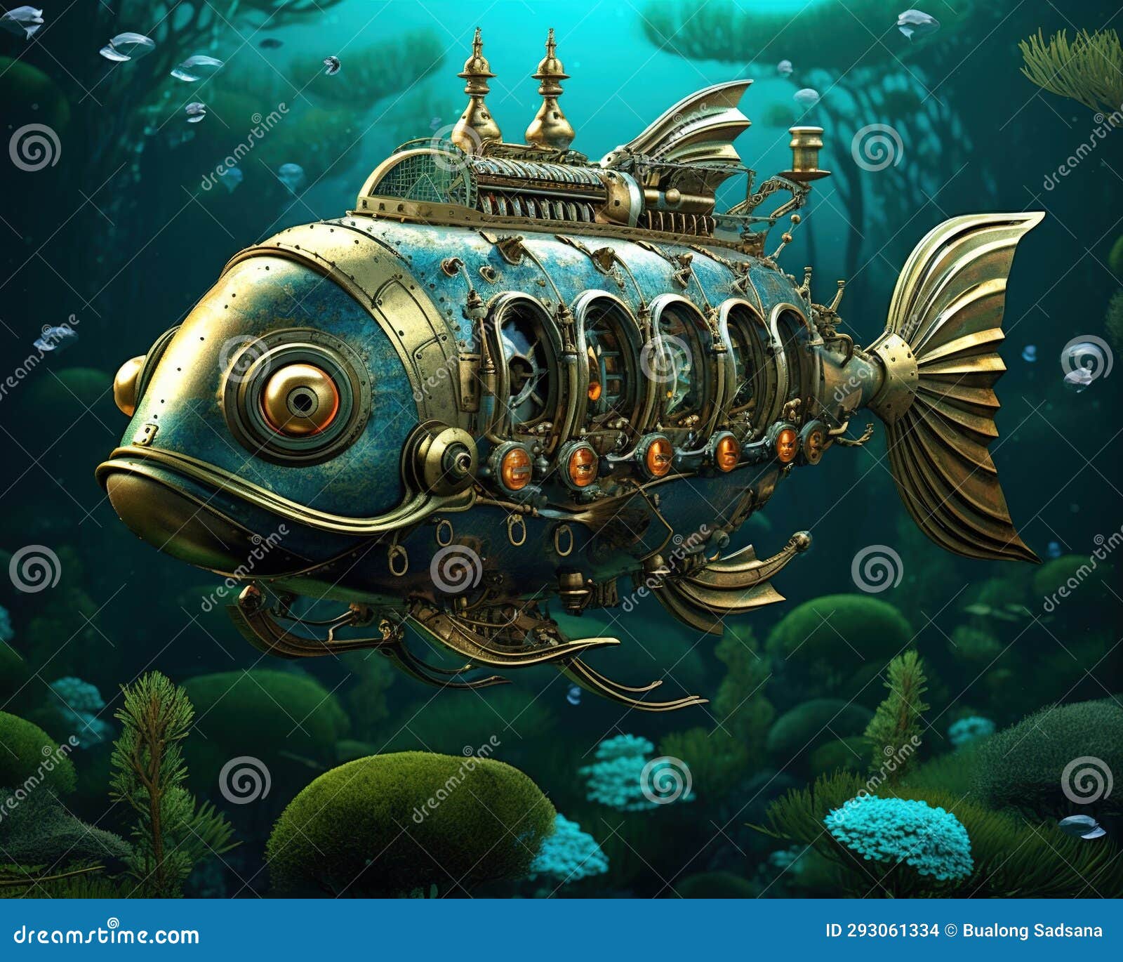 Steampunk Fish Shaped Submarine with a Fish Inside. Stock Illustration ...