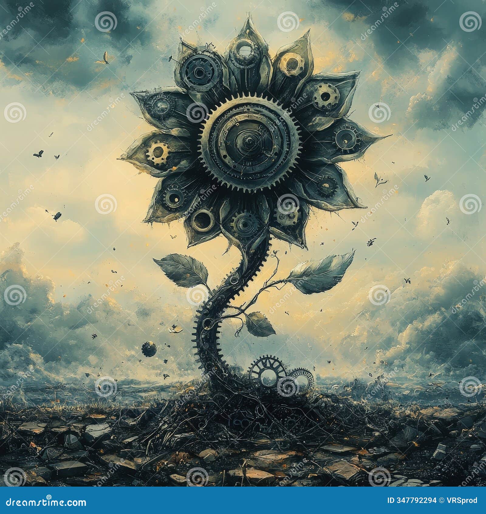 Steampunk Flower with Cogs in a Dramatic Landscape Stock Photo - Image ...