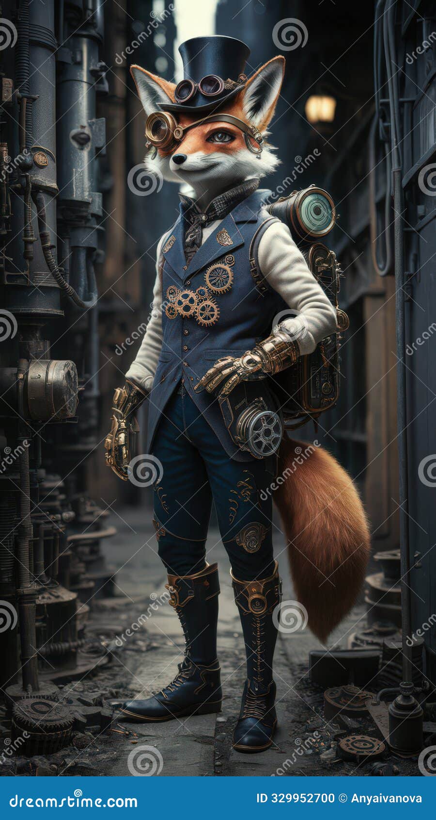 Steampunk Fox in Elegant Attire with Mechanical Gadgets in Industrial ...