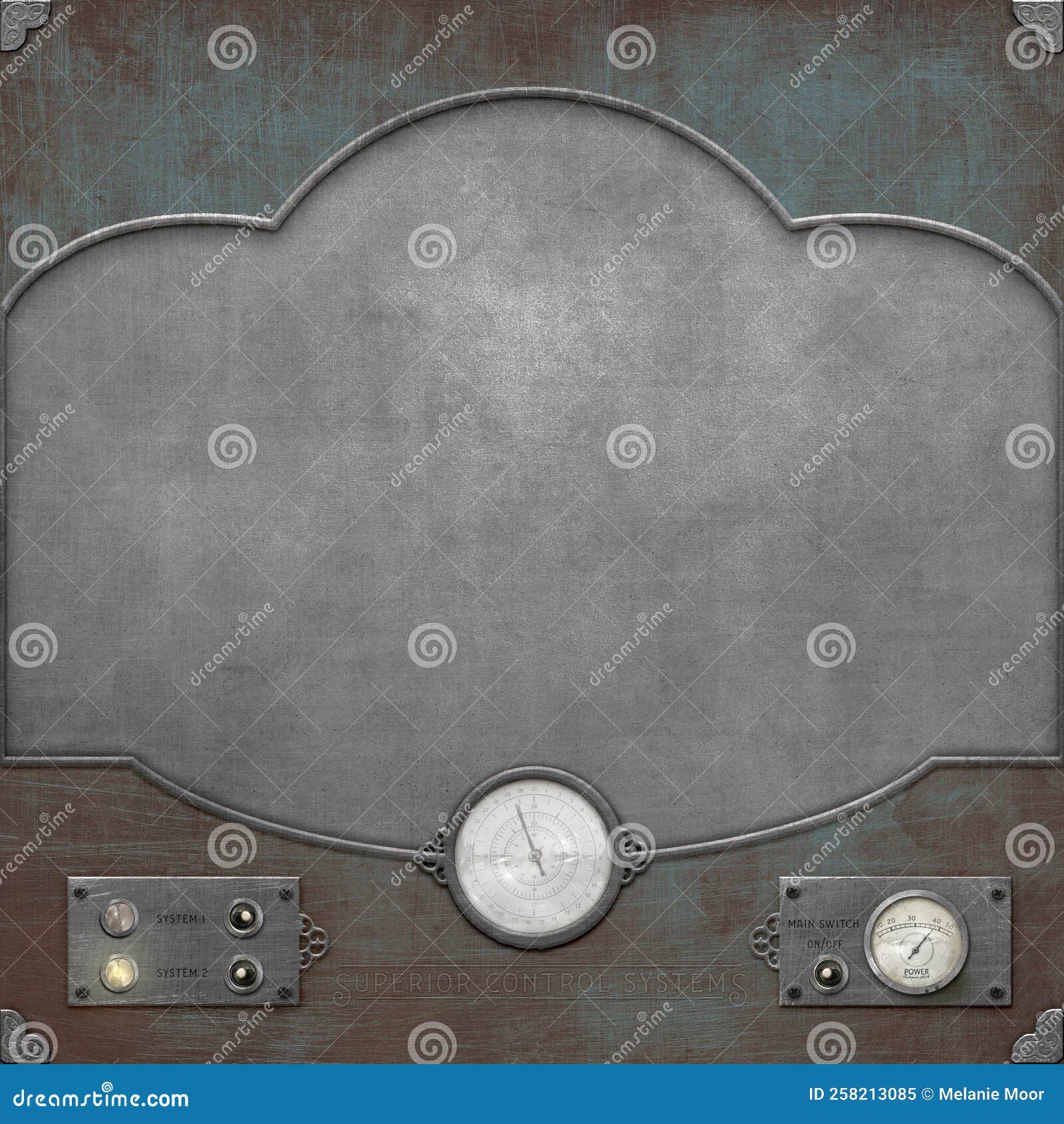 Steampunk Frame on Blue Rusty Background with Gauges and Switches Stock ...