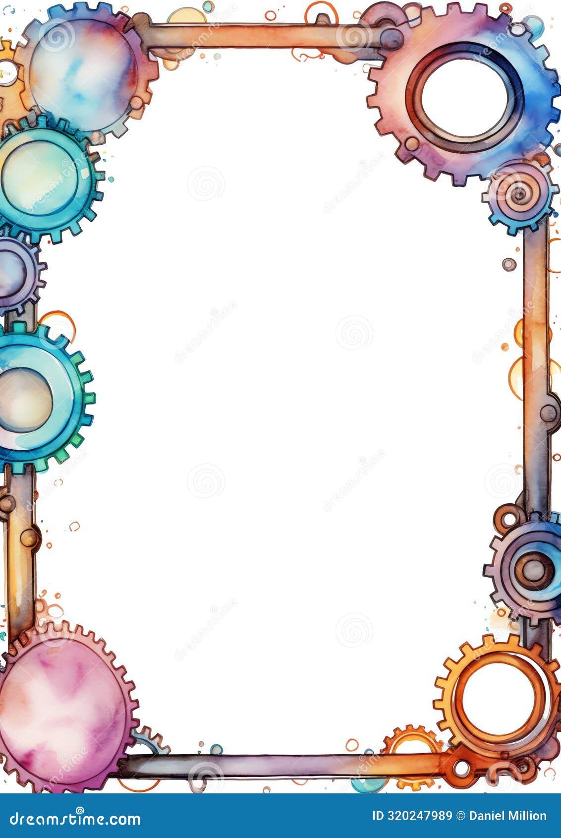 Steampunk Gear Frame Watercolor Border on White Background Stock ...