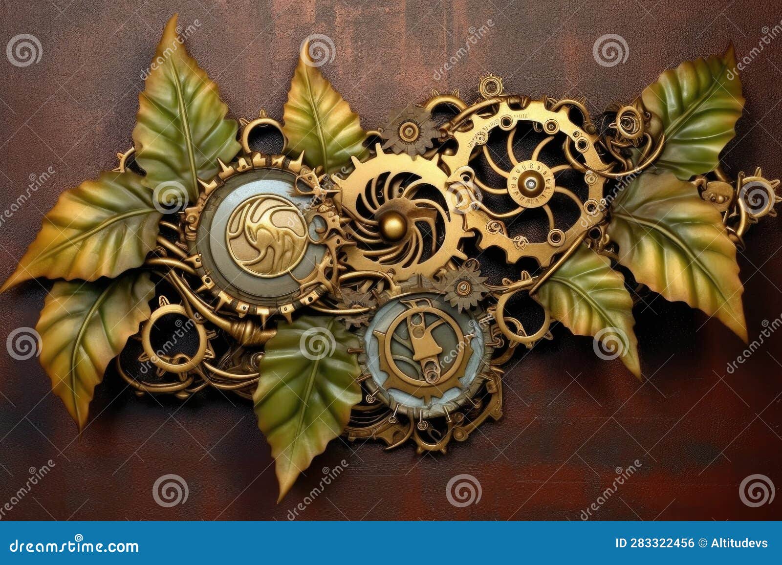 Steampunk Gears Combined with Nature Elements Vines, Leaves Stock ...