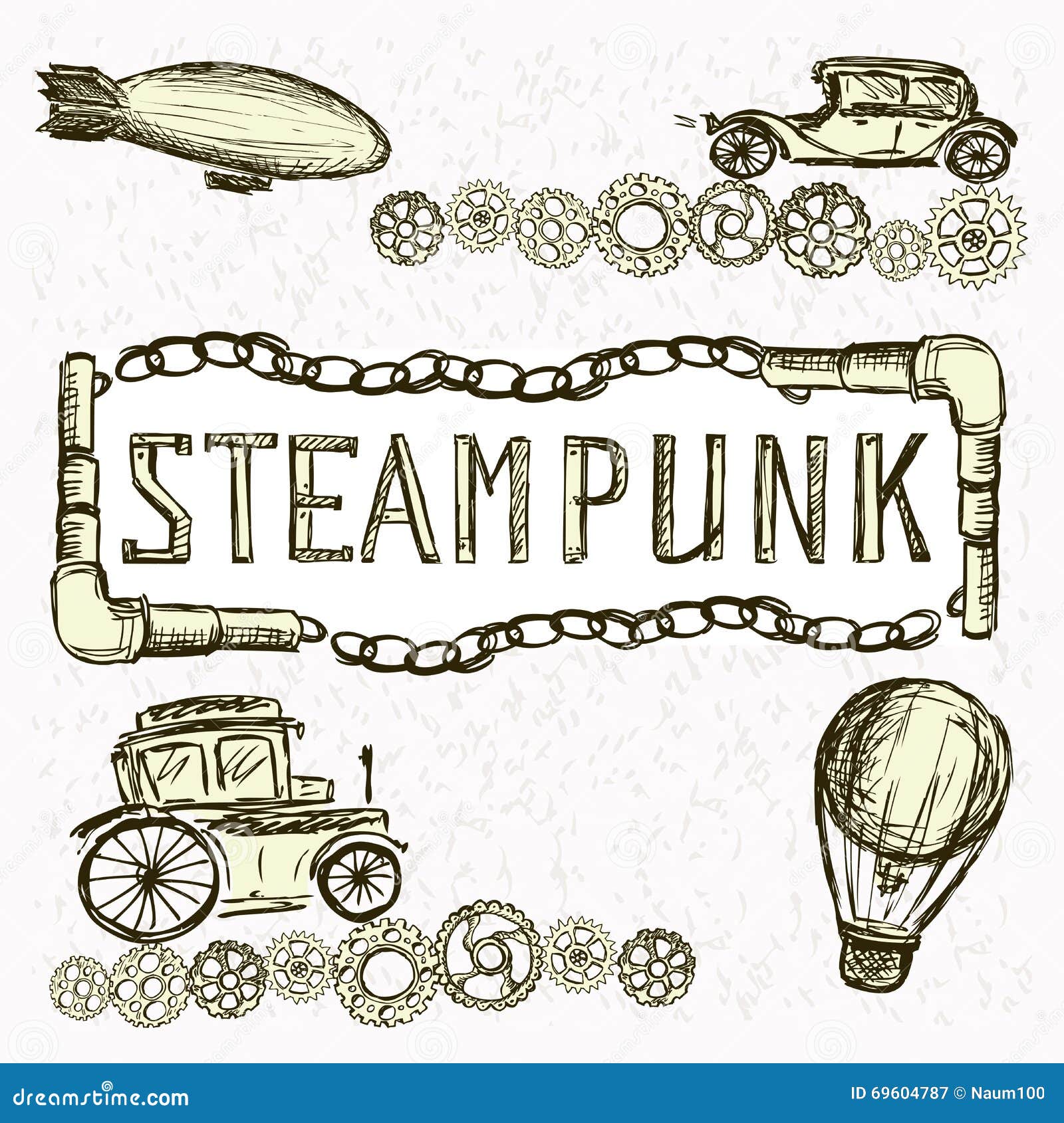 Steampunk Gears, Machine, Airship, Balloon, Hand Drawing Stock Vector ...
