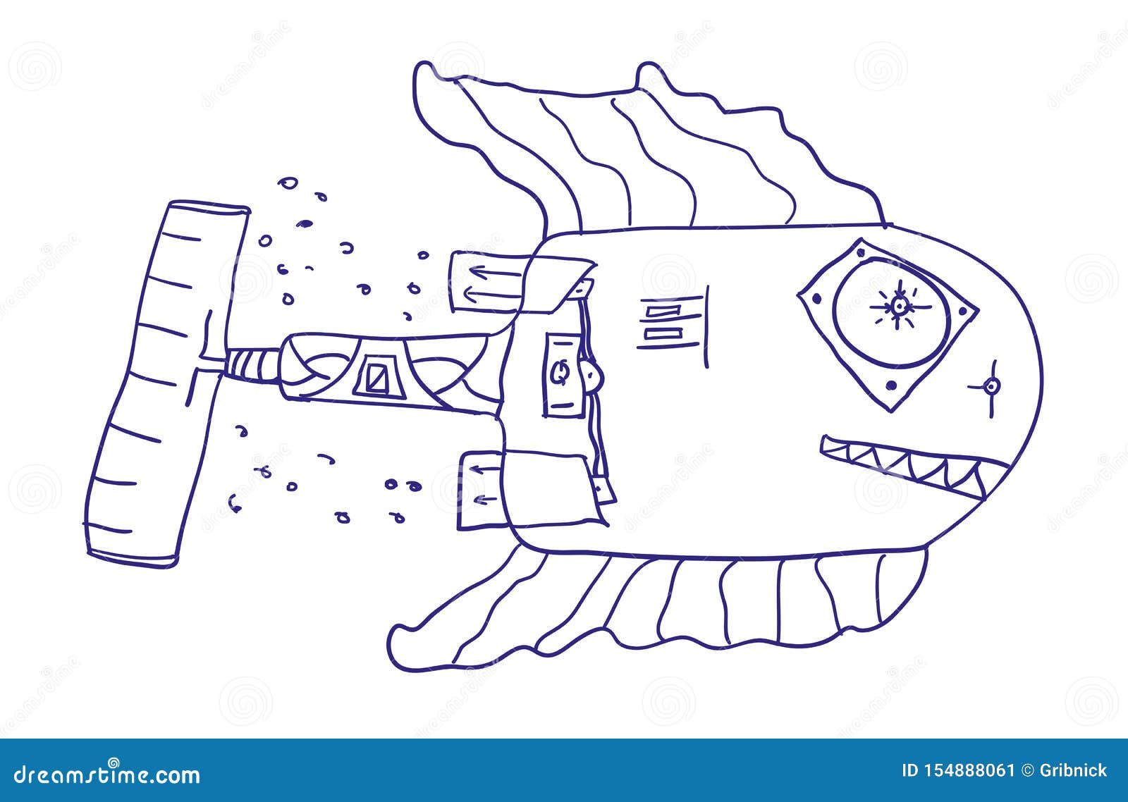 Steampunk Humorous Mechanical Fish. Vector Sketch Illustration Royalty ...