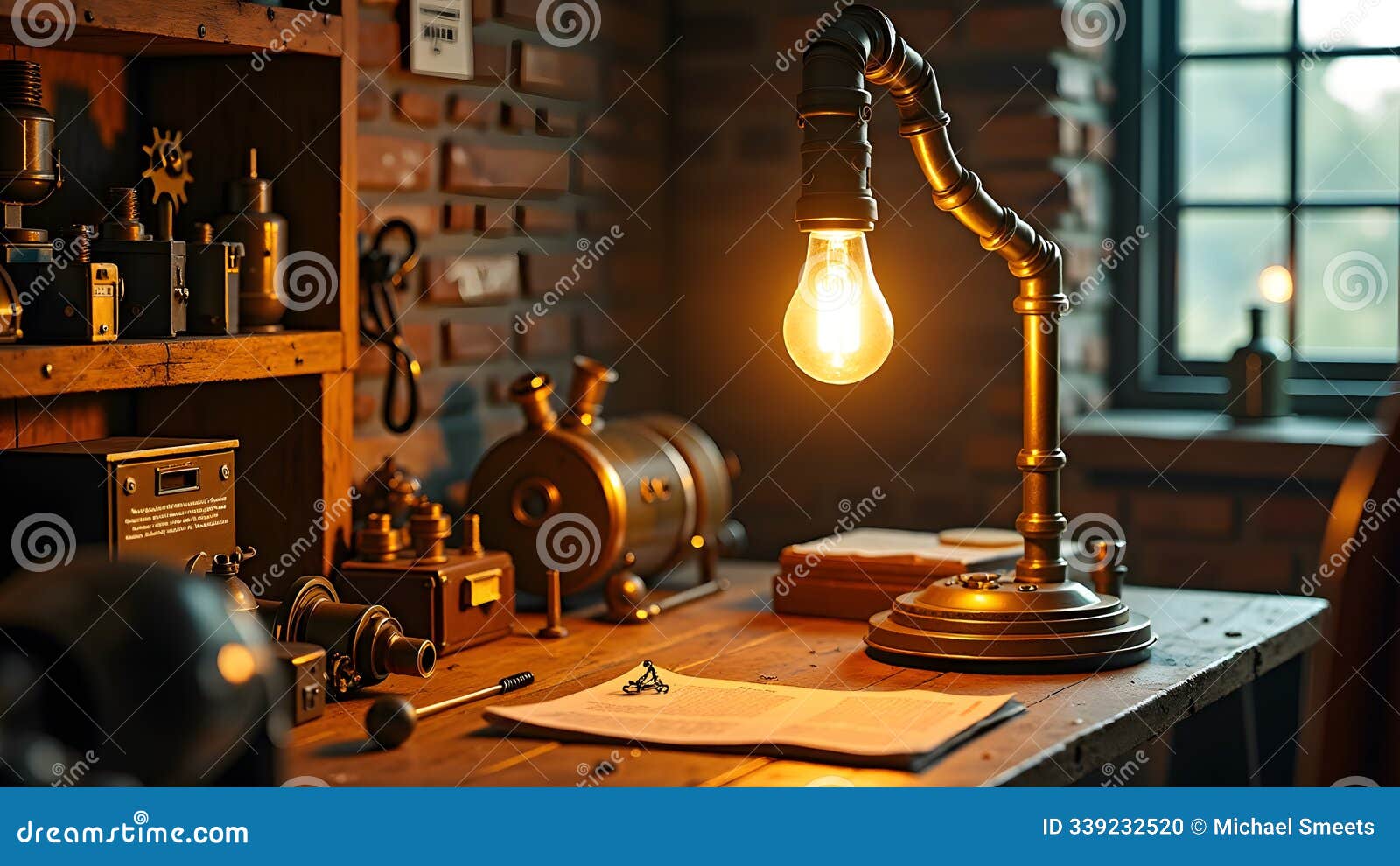 Steampunk-Inspired Workshop with Vintage Industrial Lighting Stock ...