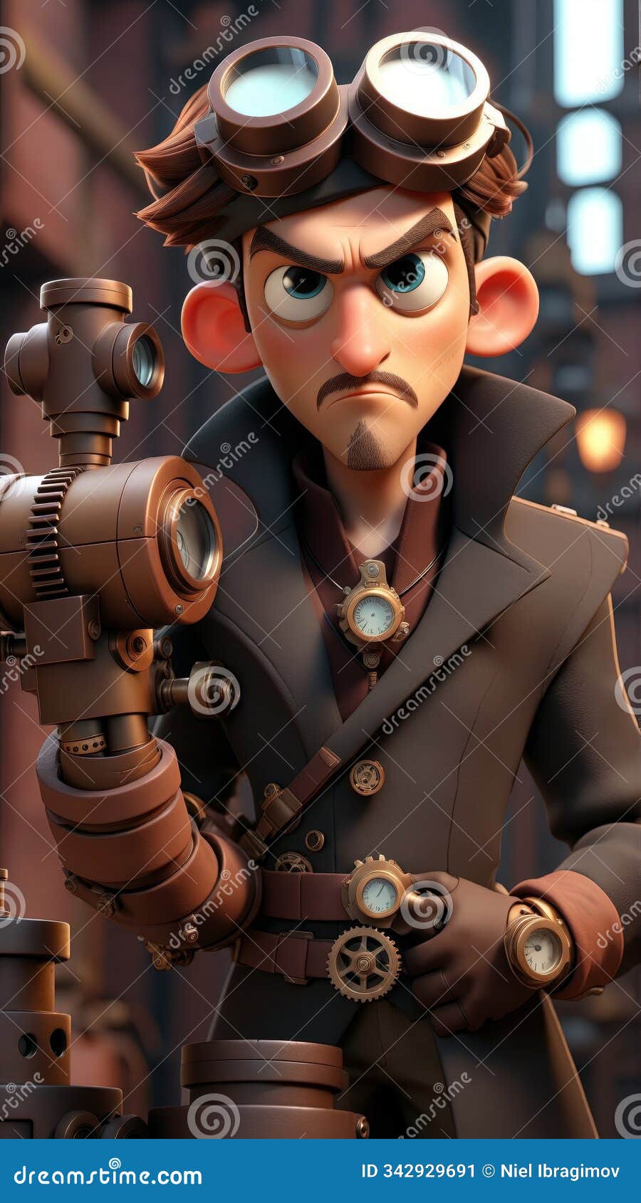 Steampunk Inventor in Goggles and Gearwork Suit within Industrial ...