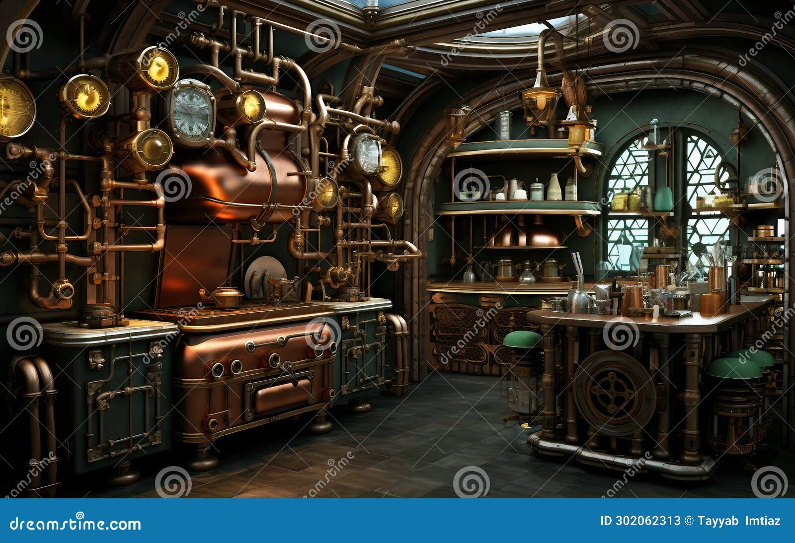 Steampunk Kitchen on Generative Ai. Stock Illustration - Illustration ...