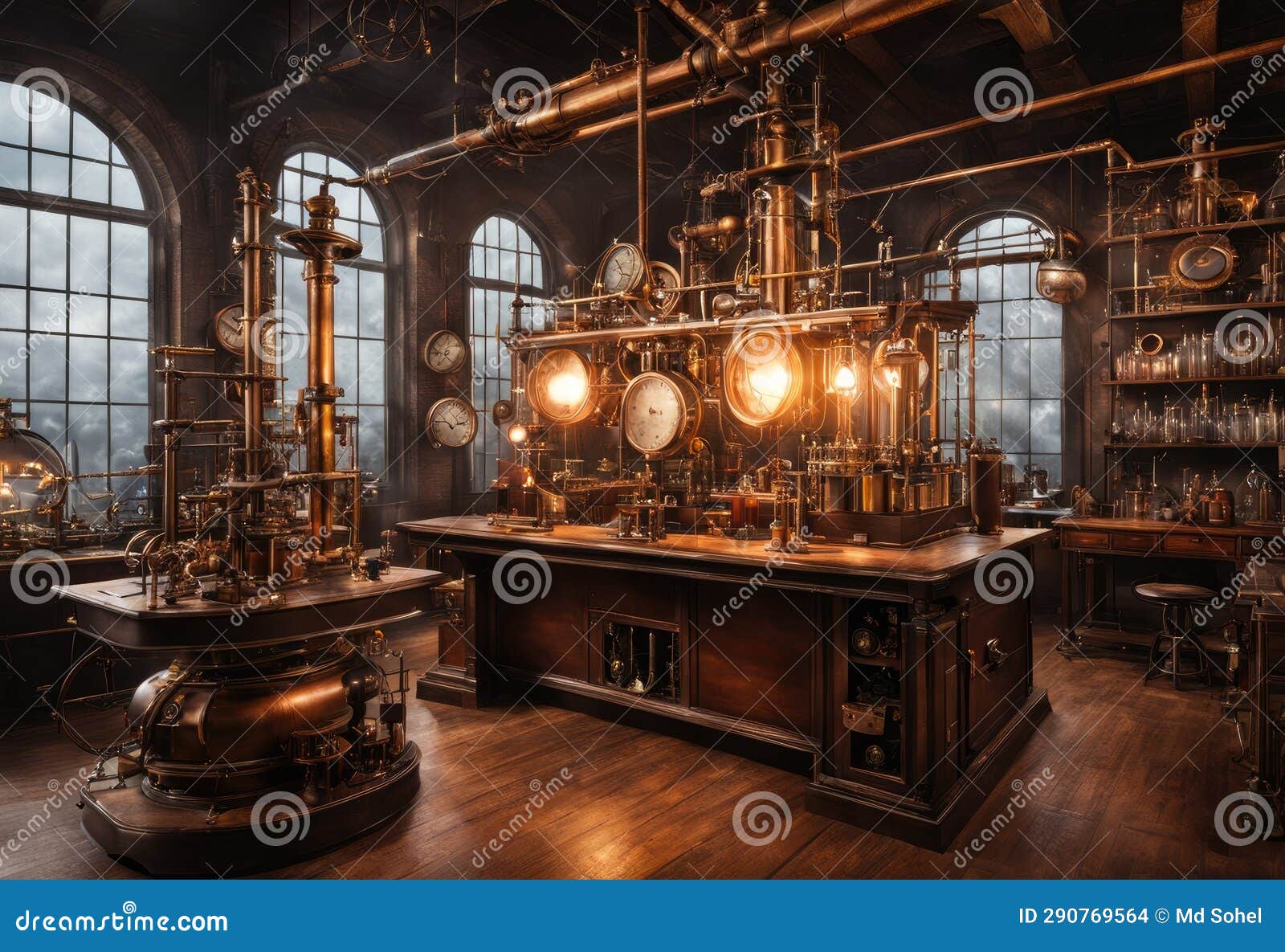 A Steampunk Laboratory Conducting Experiments with Steam and Clockwork Mechanisms. Stock ...