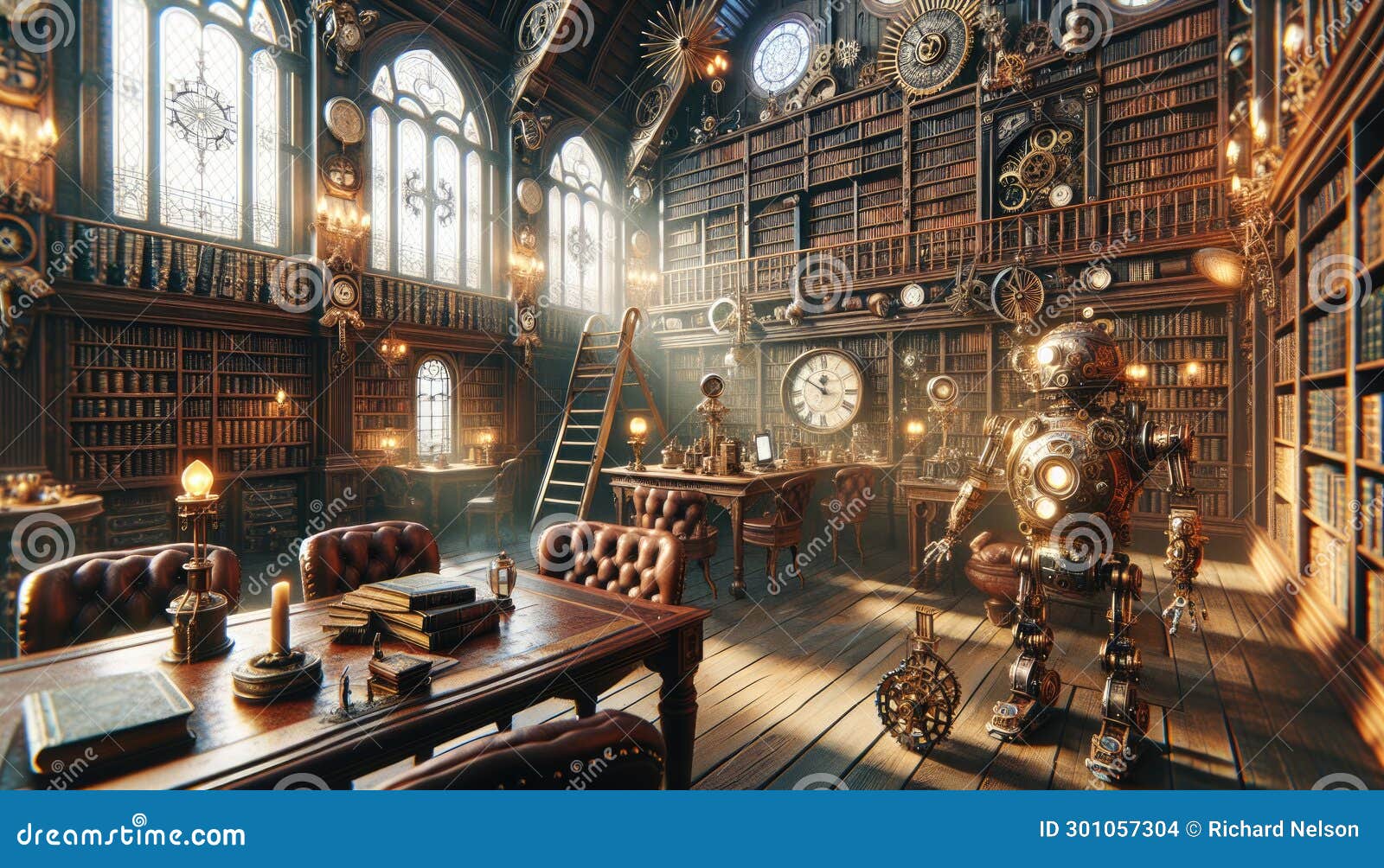 A Steampunk Library Housed Within A Colossal Airship, Its Gears ...
