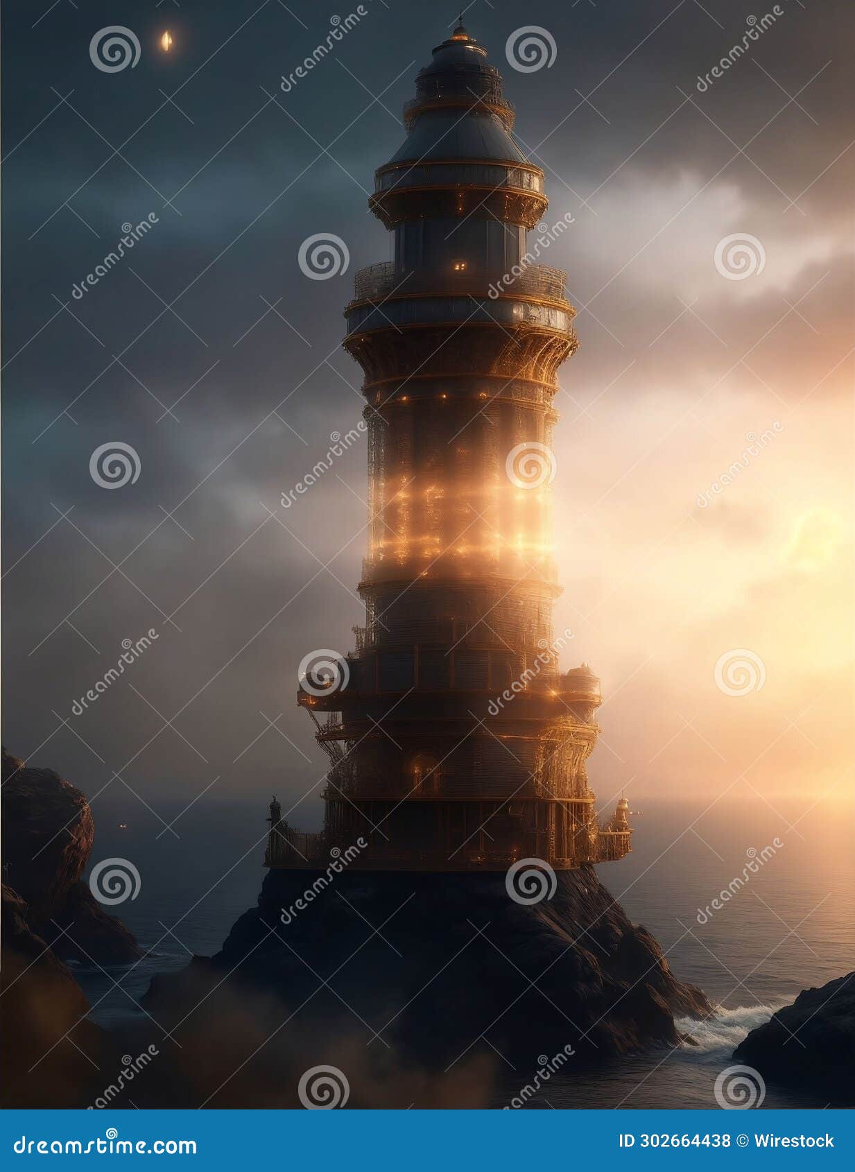 Steampunk Lighthouse Illuminated Against a Beautiful Backdrop of a Sky at Sunset. AI-generated ...