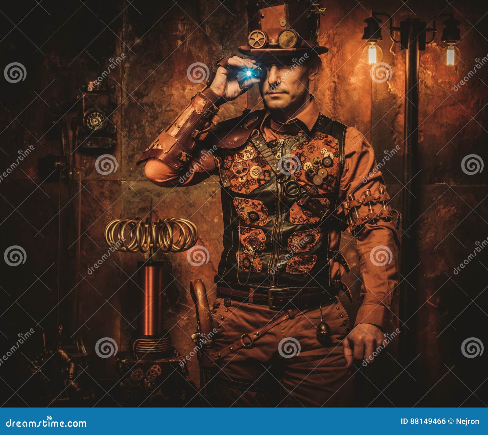 Steampunk Man With Tesla Coil On Vintage Steampunk Background Royalty ...