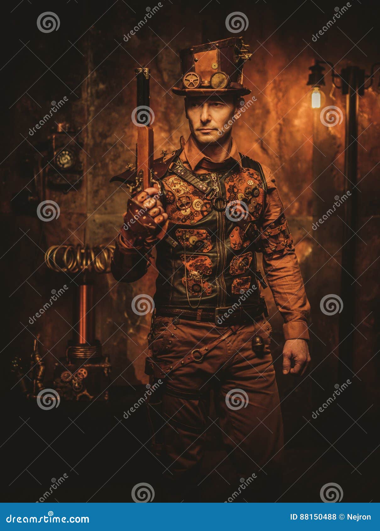 Steampunk Man with Gun on Vintage Steampunk Background Stock Photo ...