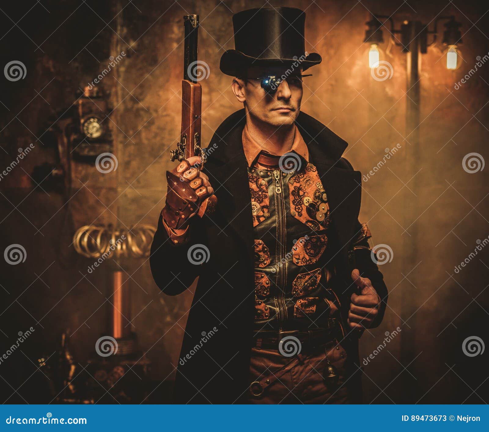 Steampunk Man With Gun On Vintage Steampunk Background Royalty-Free ...