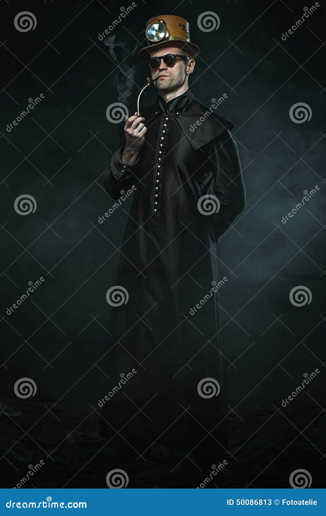 Steampunk Man in a Long Coat Smoking a Pipe. Stock Image - Image of ...