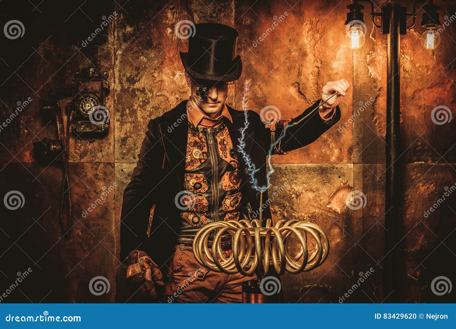 Steampunk Man With Tesla Coil On Vintage Steampunk Background Stock ...