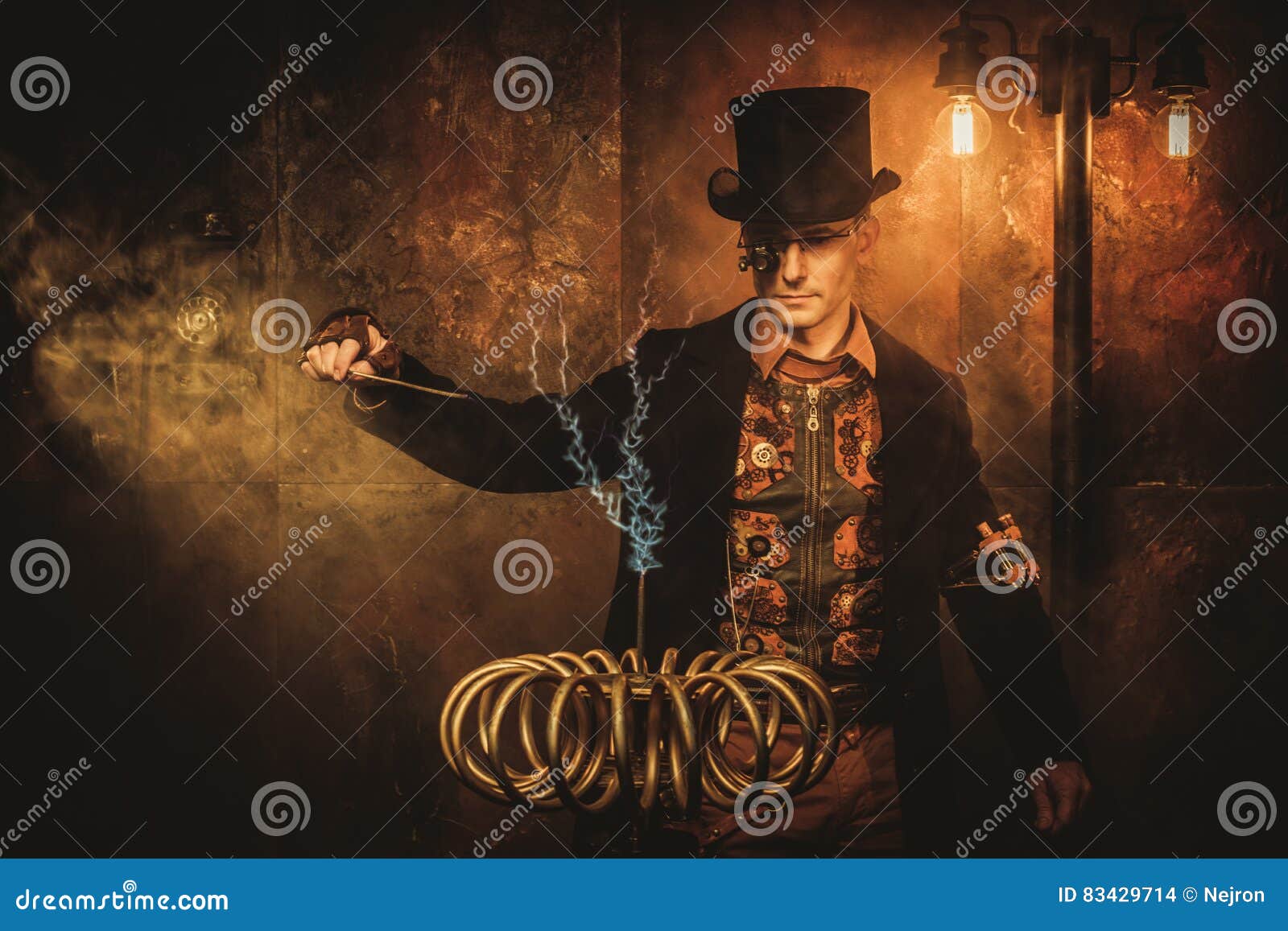 Steampunk Man With Tesla Coil On Vintage Steampunk Background Royalty ...