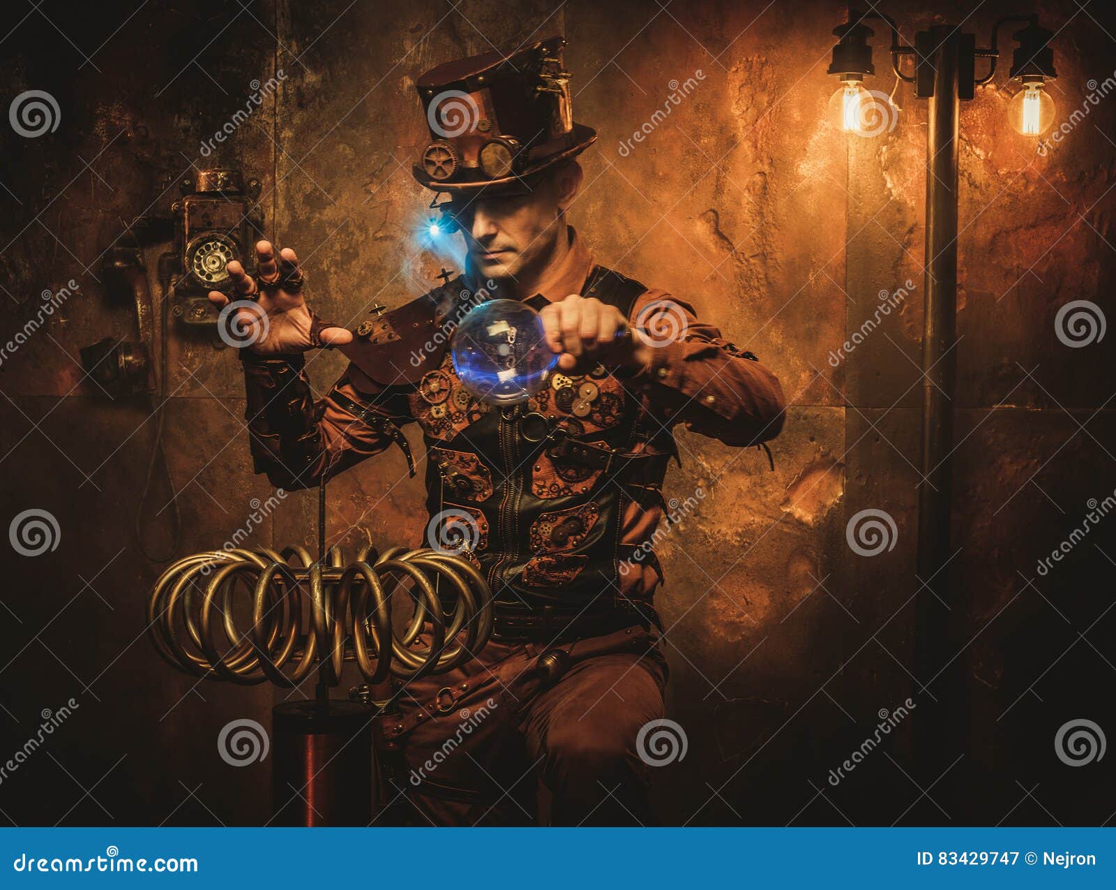 Steampunk Man with Tesla Coil on Vintage Steampunk Background Stock ...