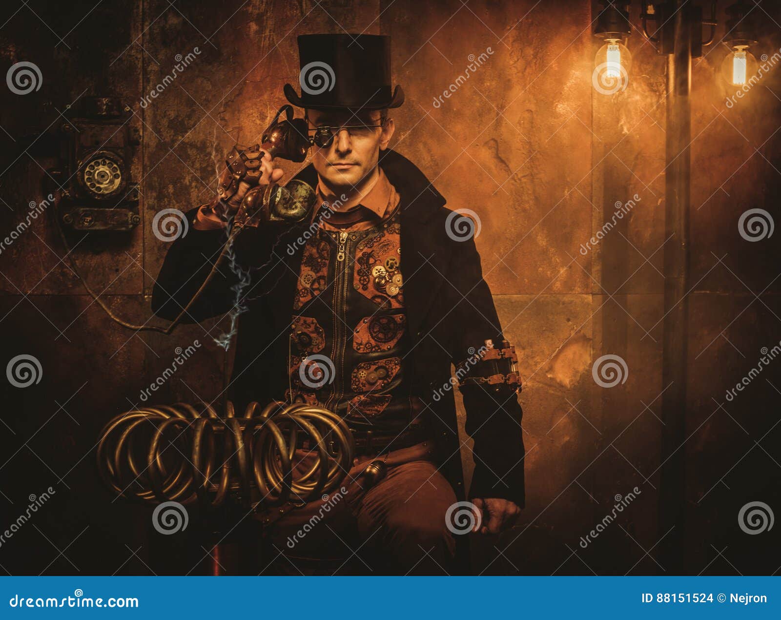 Steampunk Man With Tesla Coil On Vintage Steampunk Background Royalty ...