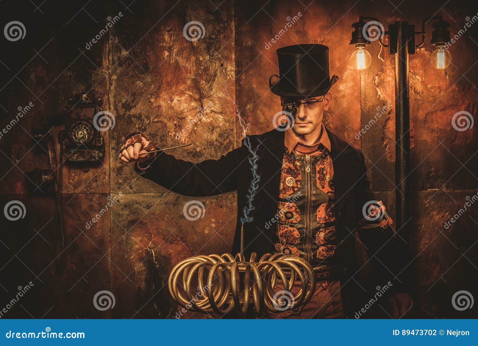 Steampunk Man With Tesla Coil On Vintage Steampunk Background Stock ...