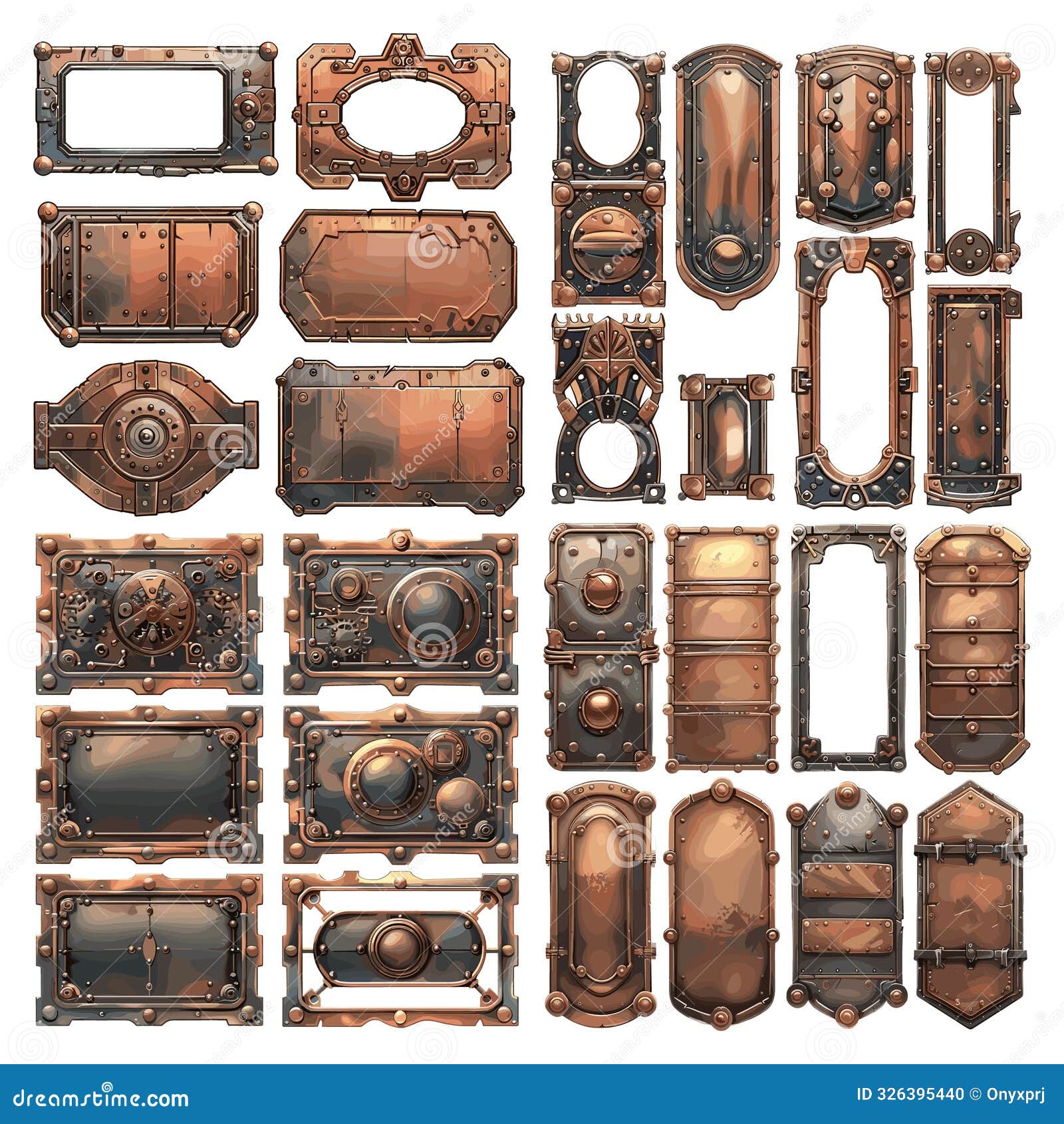 Steampunk Metal Panels Cartoon Vector Set. Square Rectangular Rivets ...