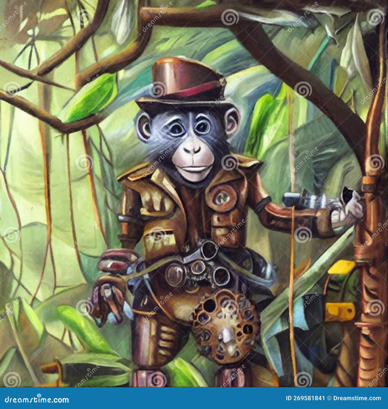 Steampunk Monkey in the Jungle AI Stock Illustration - Illustration of nature, plant: 269581841