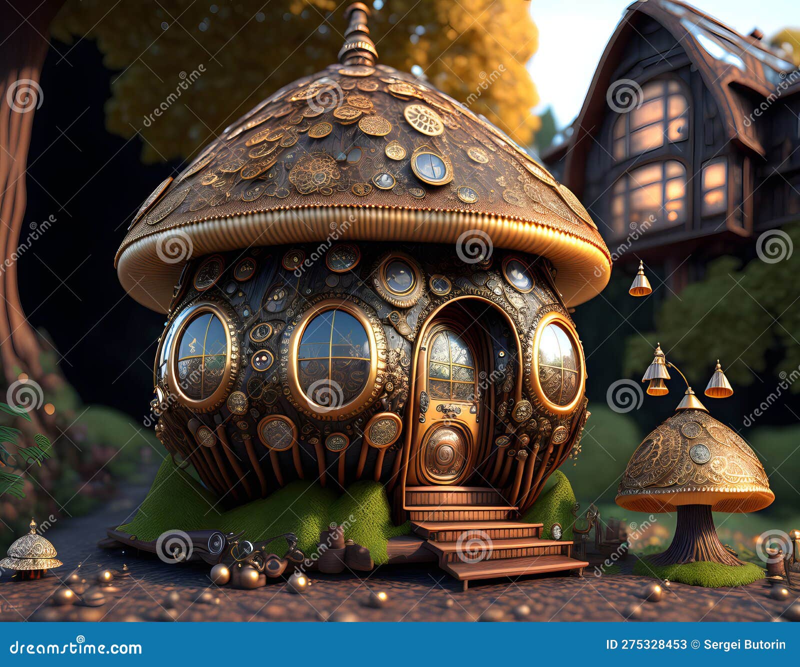 Steampunk Mountain With Teleporter In A Fantasy Forest, Nighttime ...