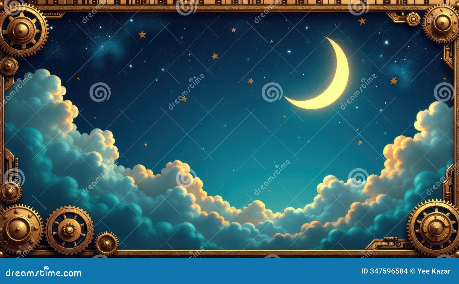 Steampunk Night Sky with Crescent Moon and Clouds Stock Illustration ...