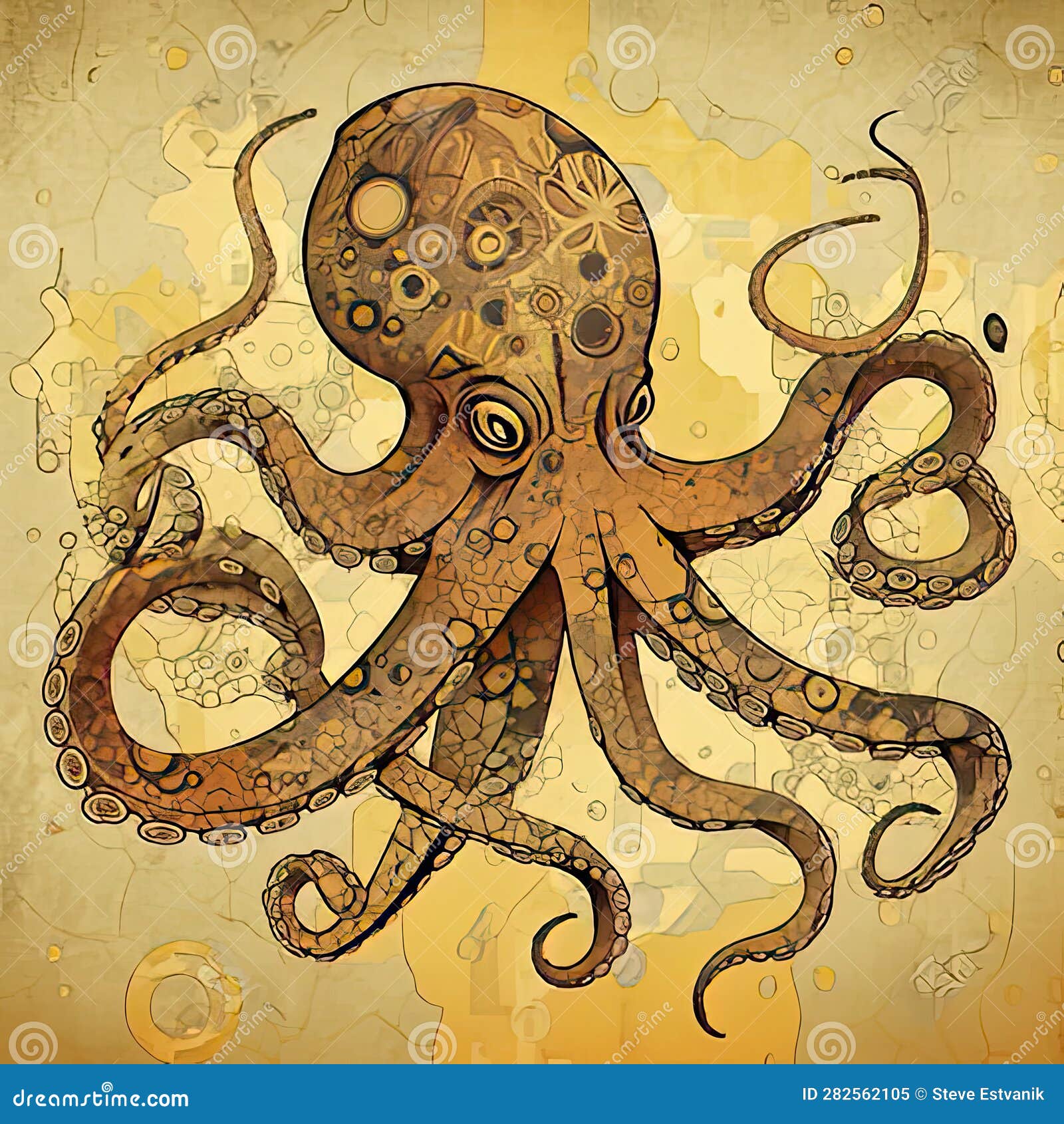 Steampunk Octopus in Gold Ocean Stock Illustration - Illustration of ...