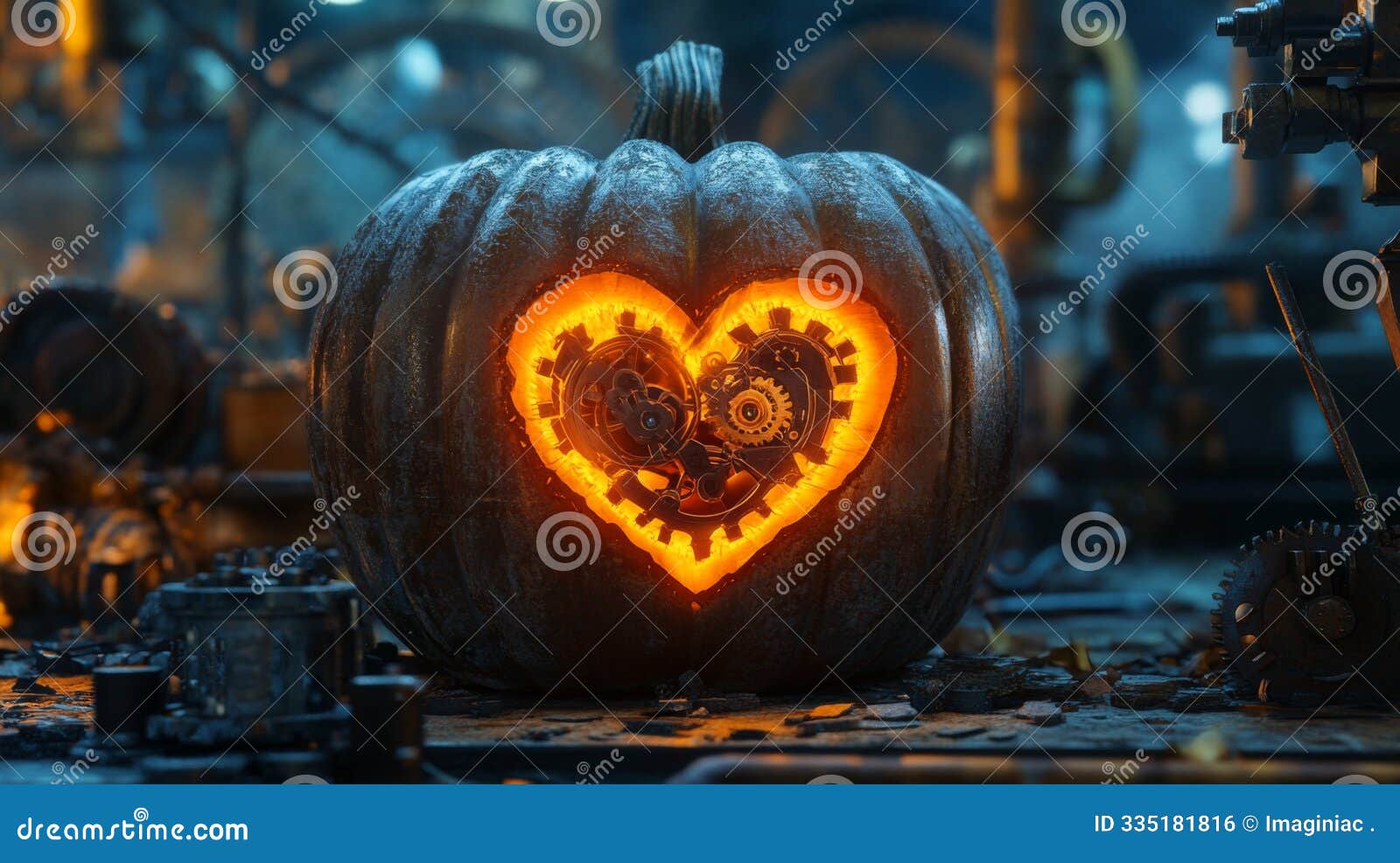 A Steampunk Pumpkin Carved with a Glowing Cog Heart Stock Illustration ...