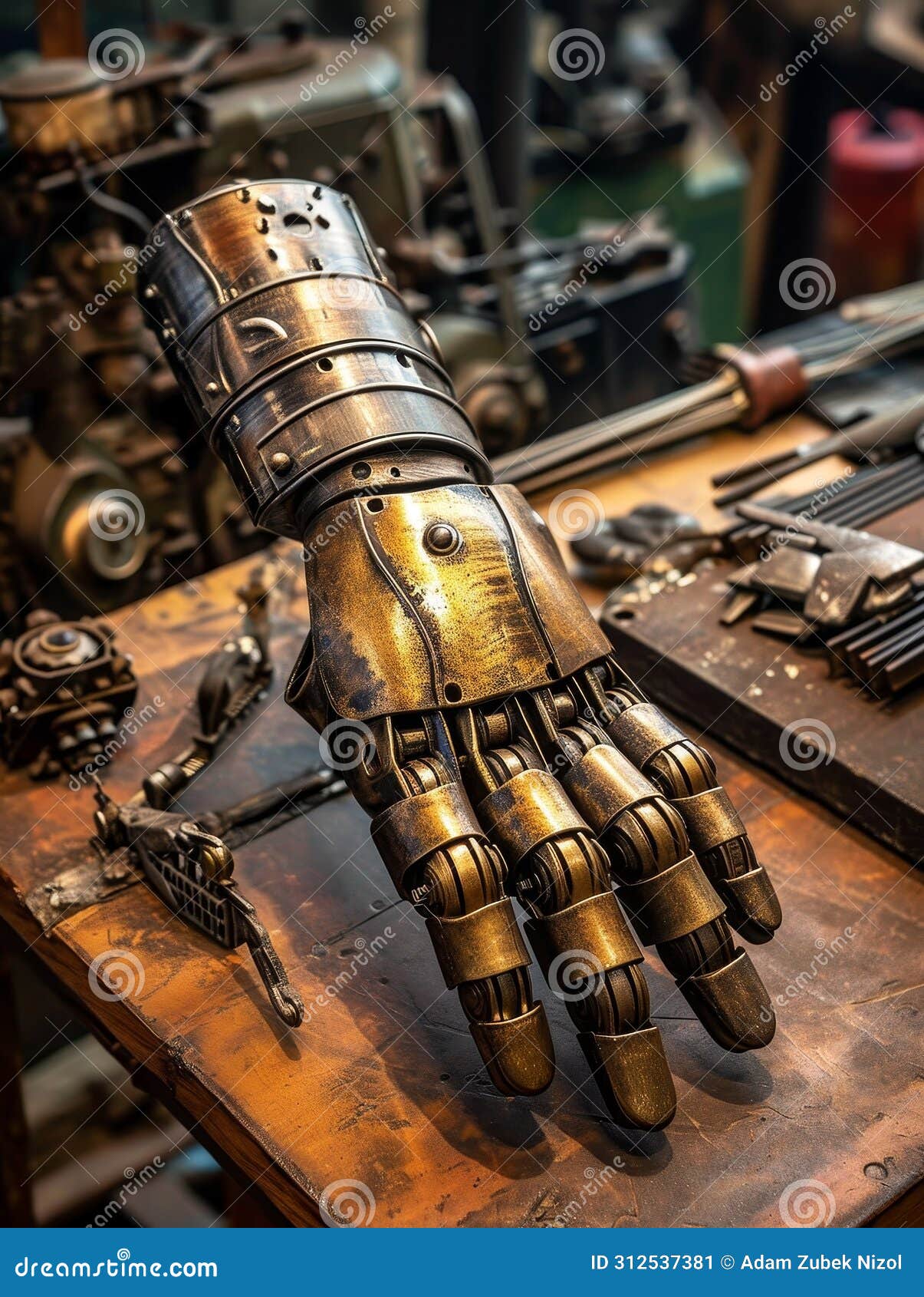 Steampunk Robotic Hand on a Workbench Stock Illustration - Illustration ...