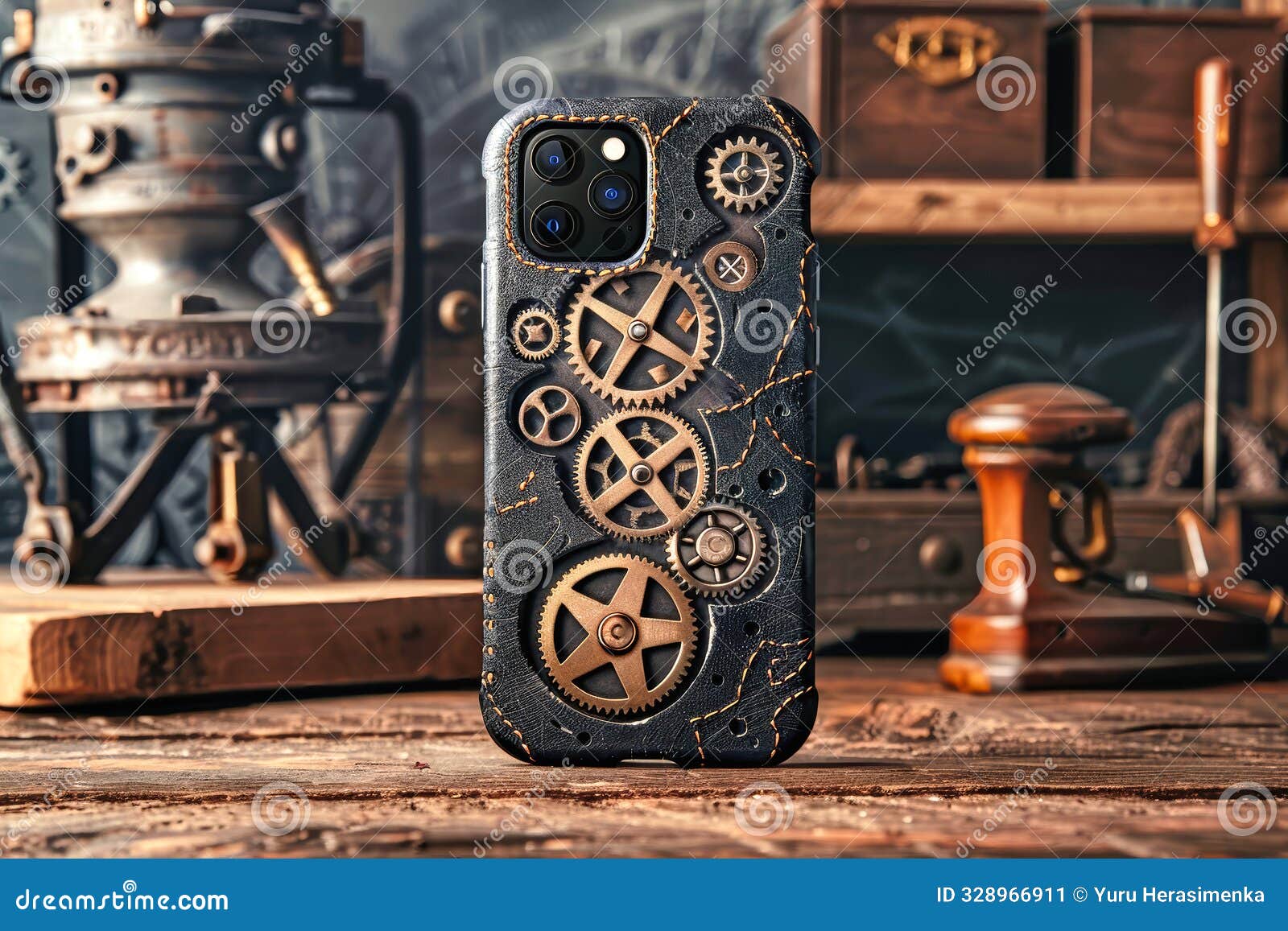 Steampunk Smartphone Case on Workbench with Intricate Gears, Rustic ...