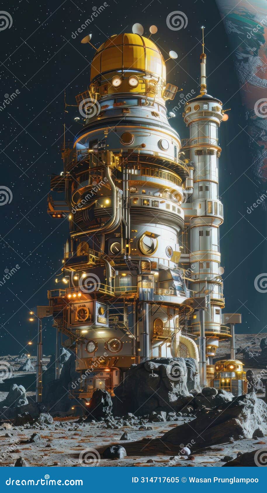 A Steampunk Space Elevator on the Moon Stock Image - Image of high ...