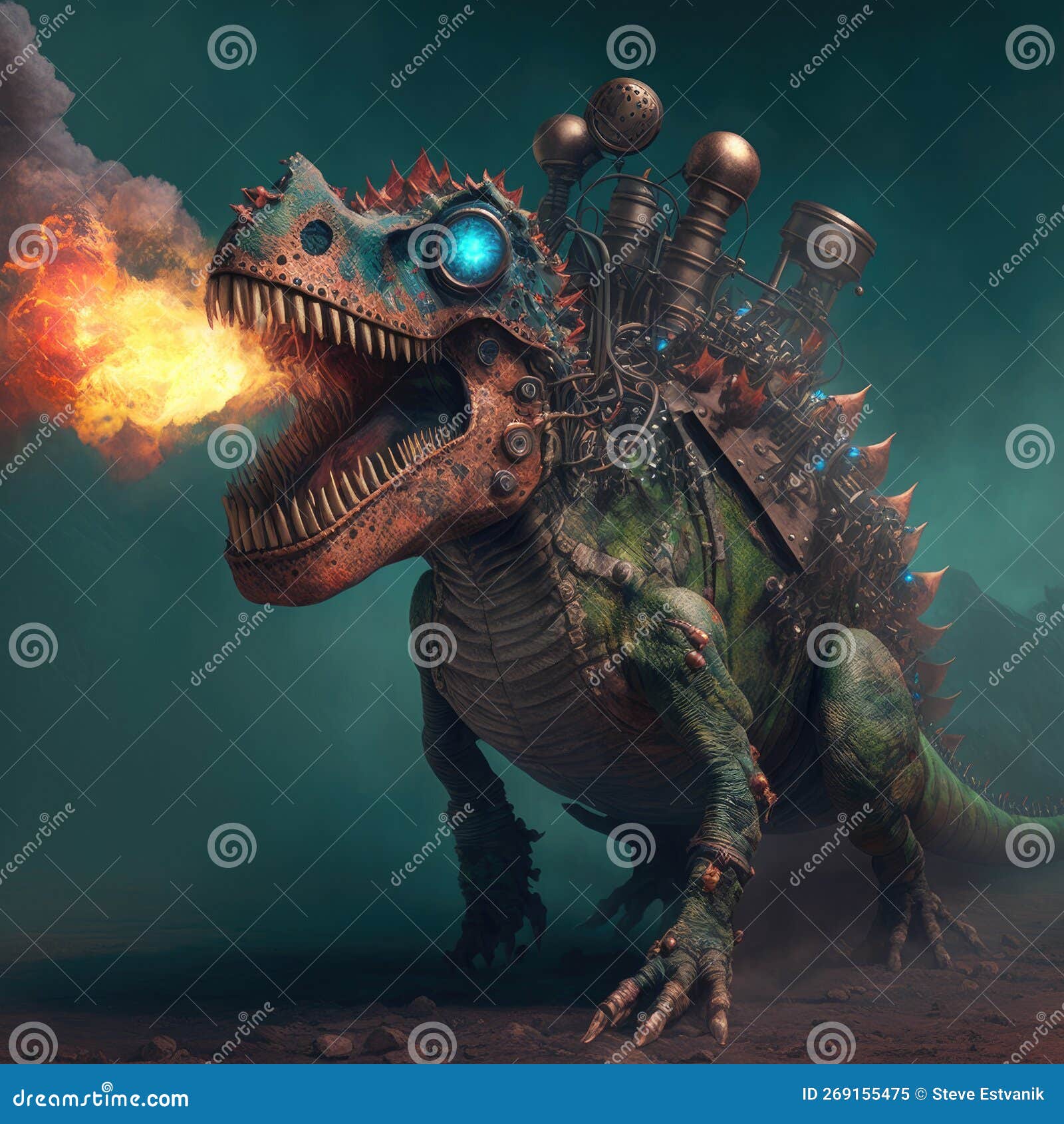 Steampunk Stegosaur Dinosaur with Erupting Volcano, Generative AI Stock ...