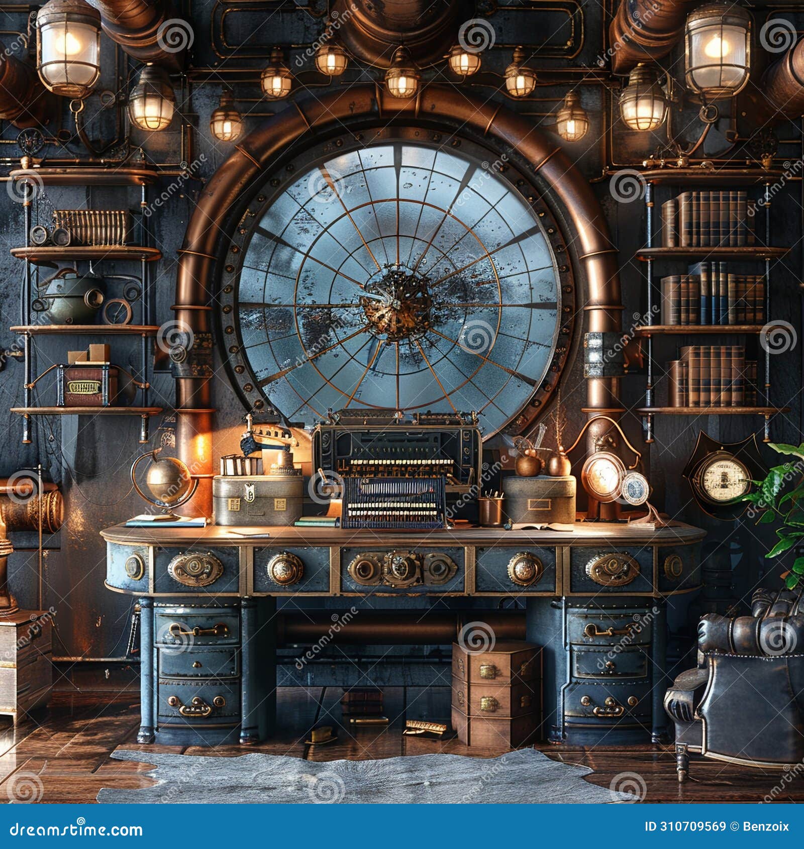 Steampunk Study with Vintage Gadgets and Brass Details3D Render Stock ...