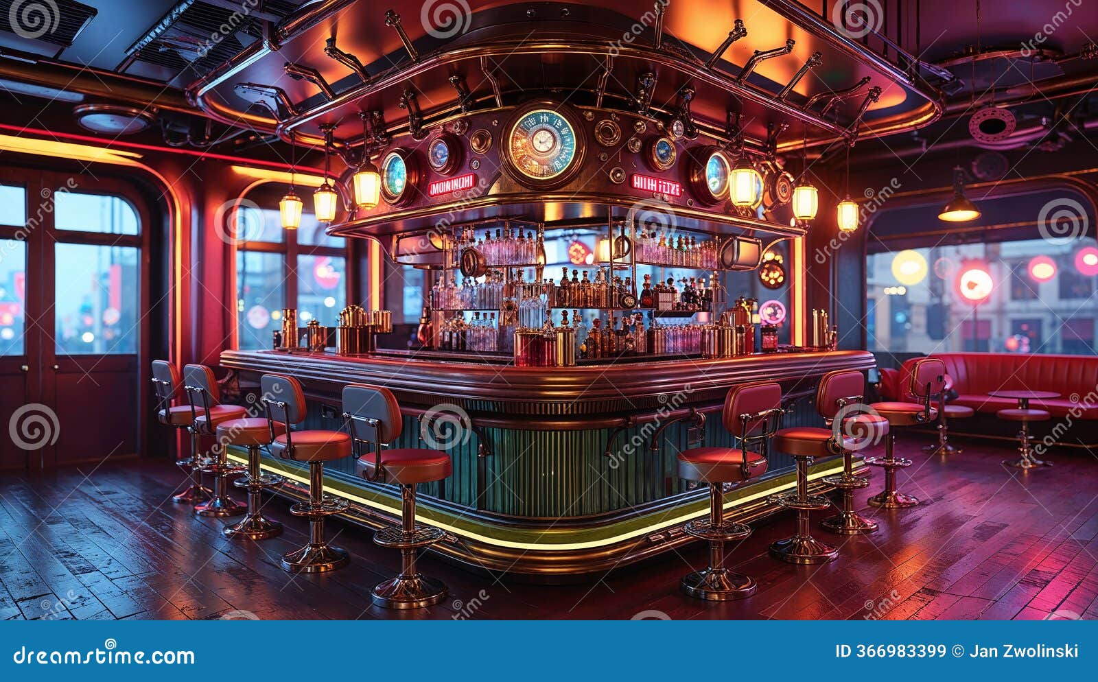 Steampunk Style Bar Counter Shining In Empty Pub At Night Royalty-Free ...