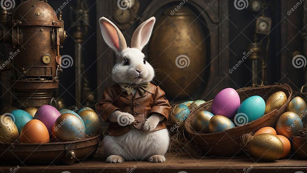 Steampunk Style Rabbit with Steam Engines and Colorful Easter Eggs Stock Illustration ...