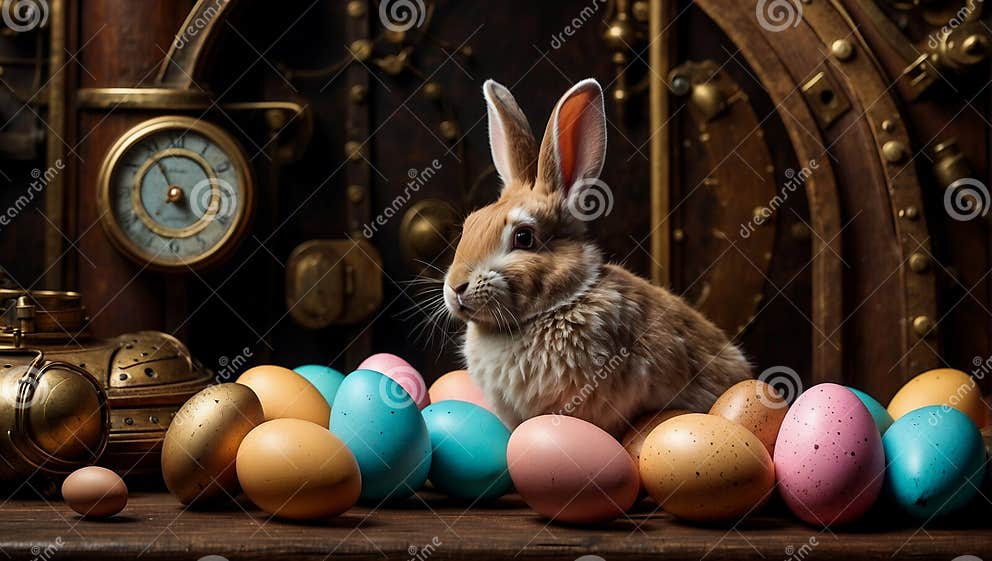 Steampunk Style Rabbit with Steam Engines and Colorful Easter Eggs ...