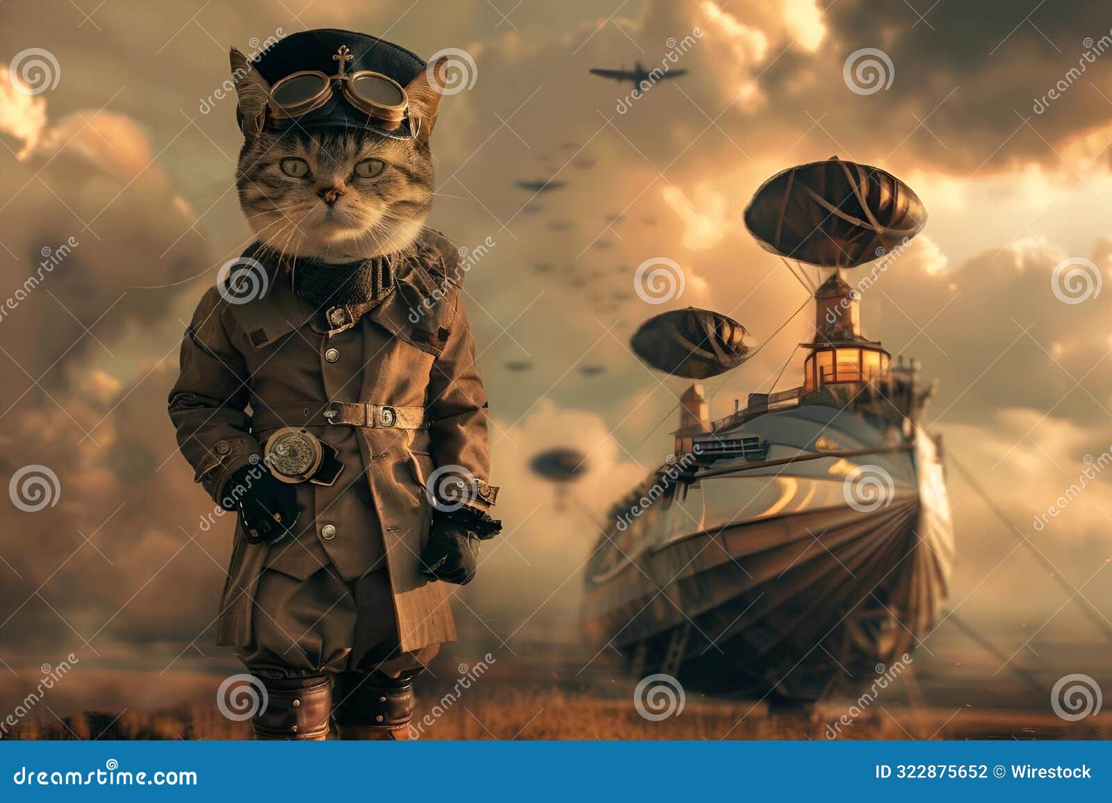 A Steampunk-themed Cat Dressed As An Aviator With Airships In The ...