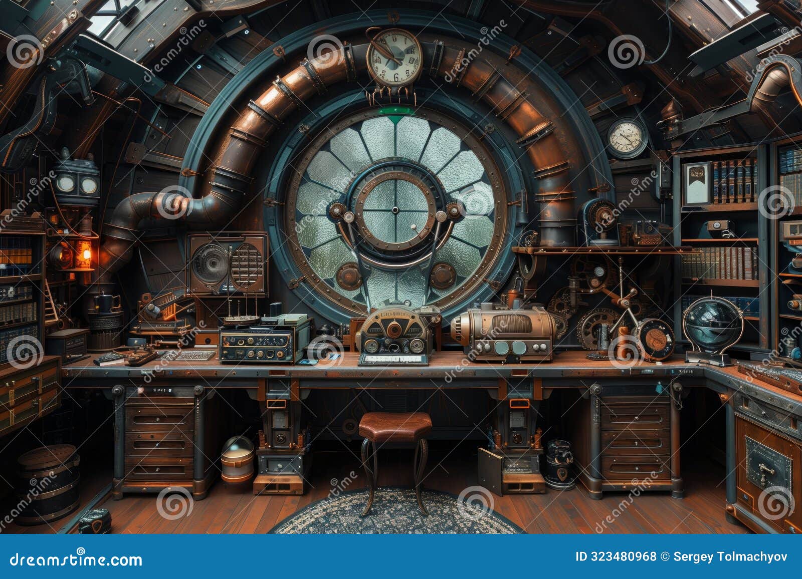Steampunk Workspace with Large Round Window and Industrial Design Stock ...
