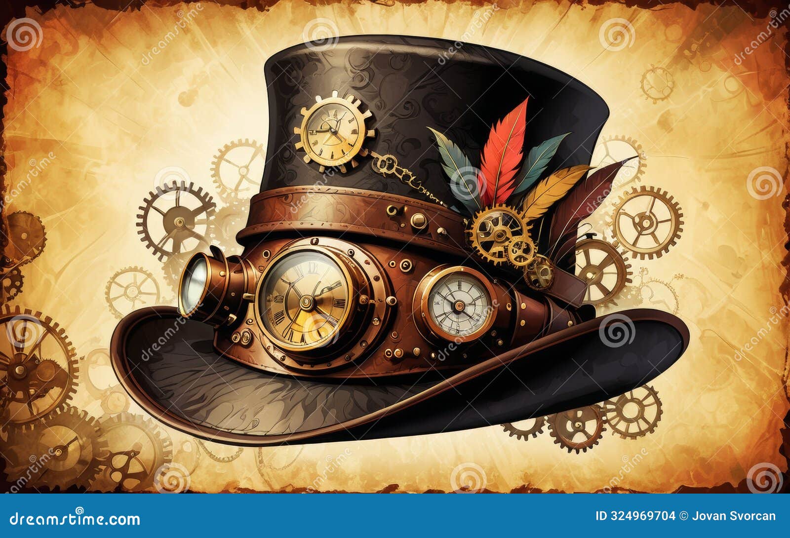 Steampunk Top Hat with Gears Stock Illustration - Illustration of style ...