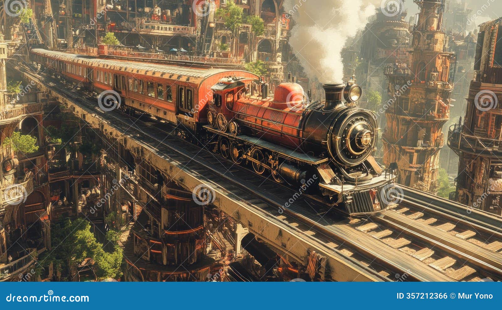 Steampunk Train on Elevated Tracks Above a Futuristic City Stock ...