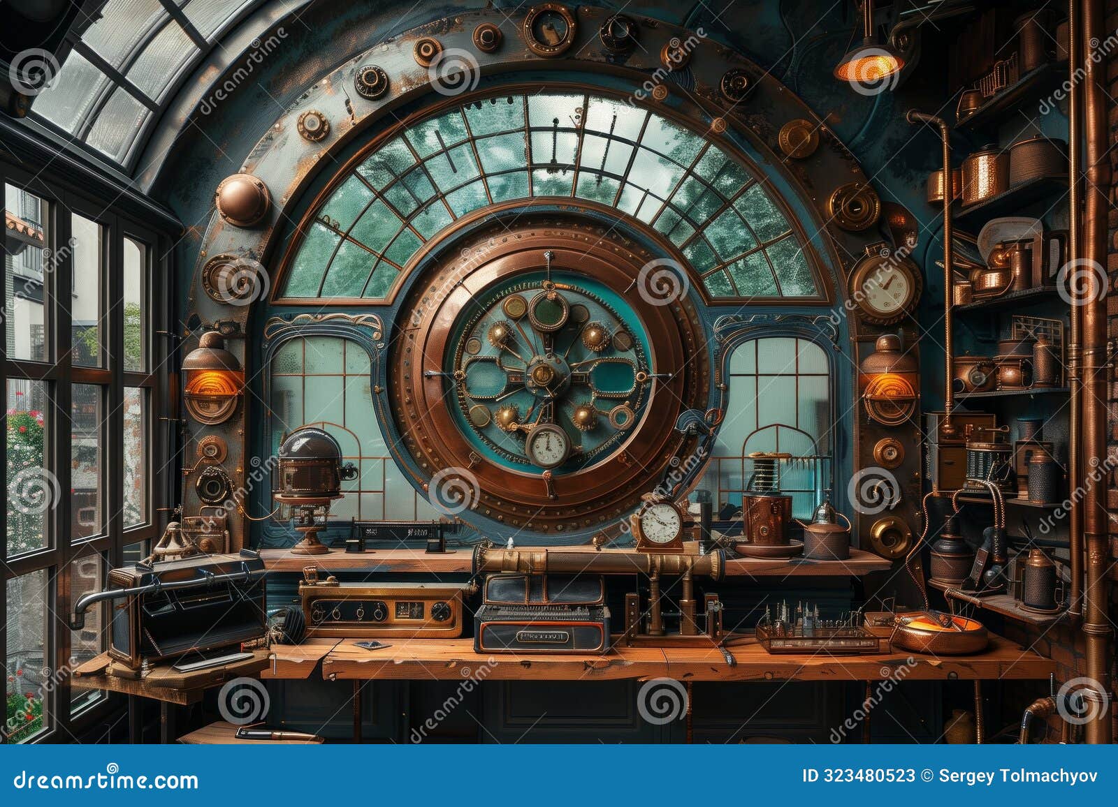 A Steampunk Workshop Interior with a Large Circular Window and ...