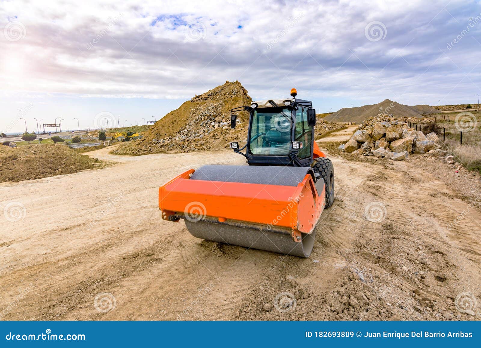 Steamroller Performing Earth Compaction Work for Later Asphalting Stock ...