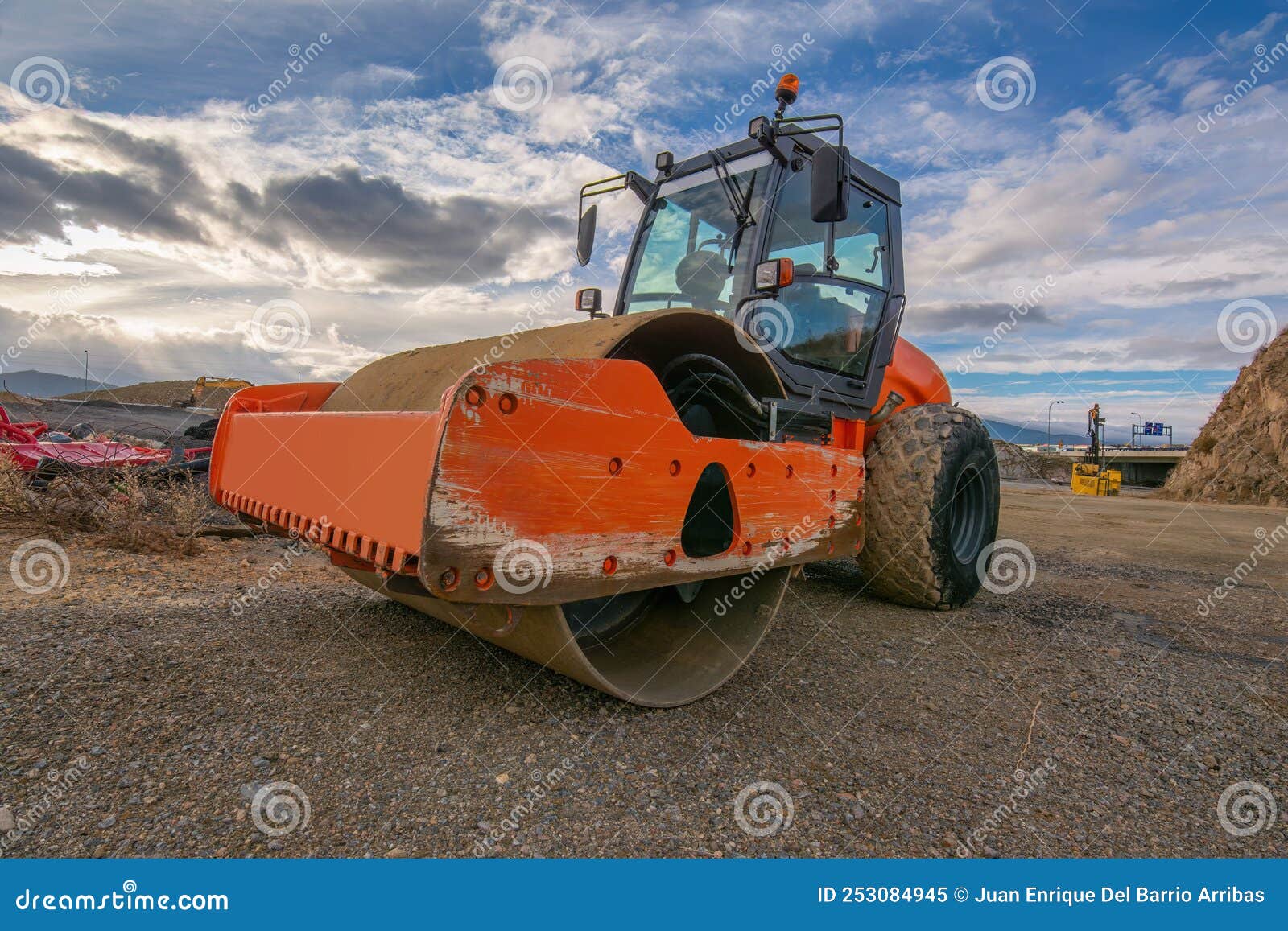 Steamroller at a Road Construction Site Stock Image - Image of level ...