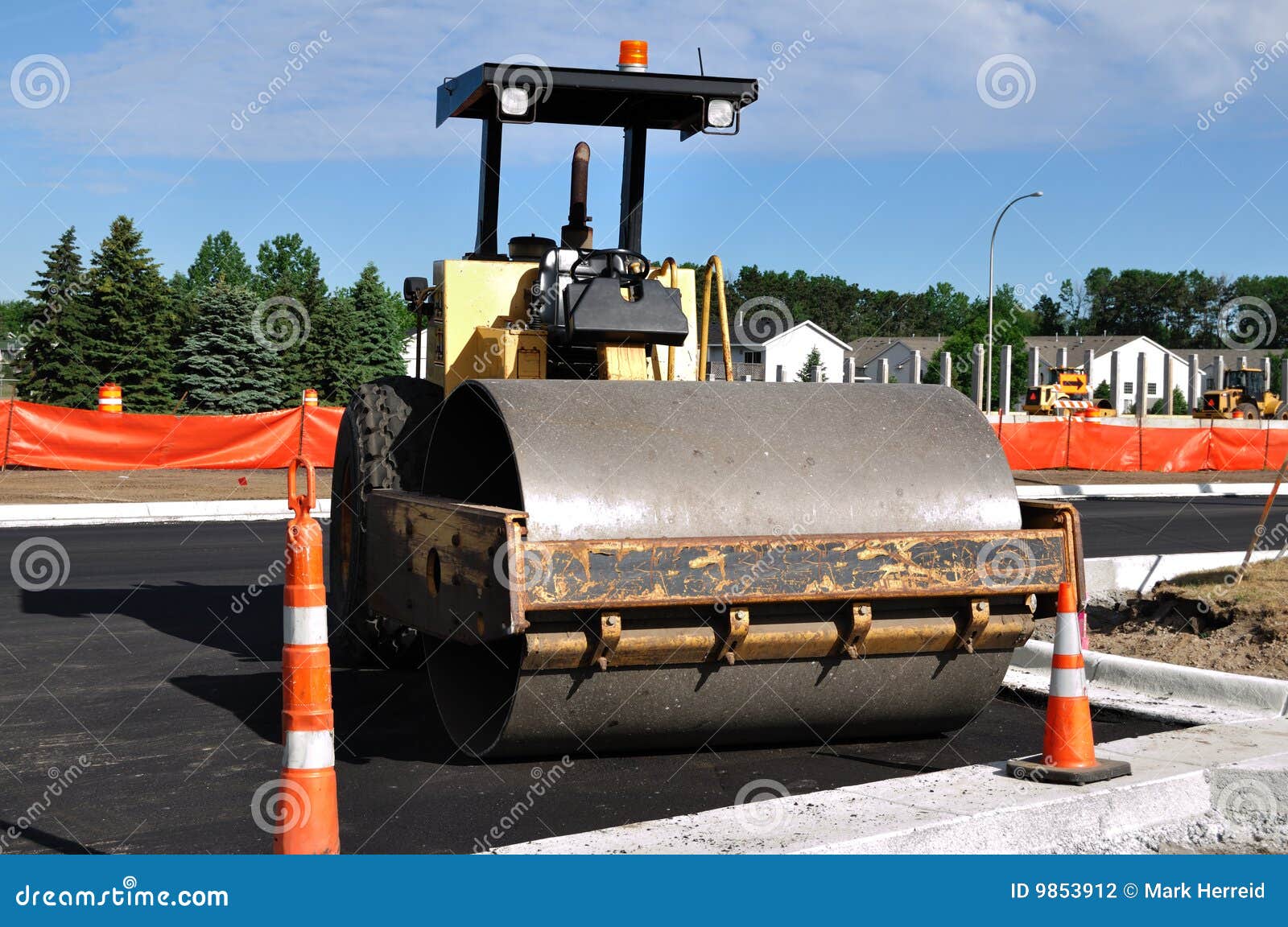 Steamroller at Road Construction Site Stock Photo - Image of machinery ...