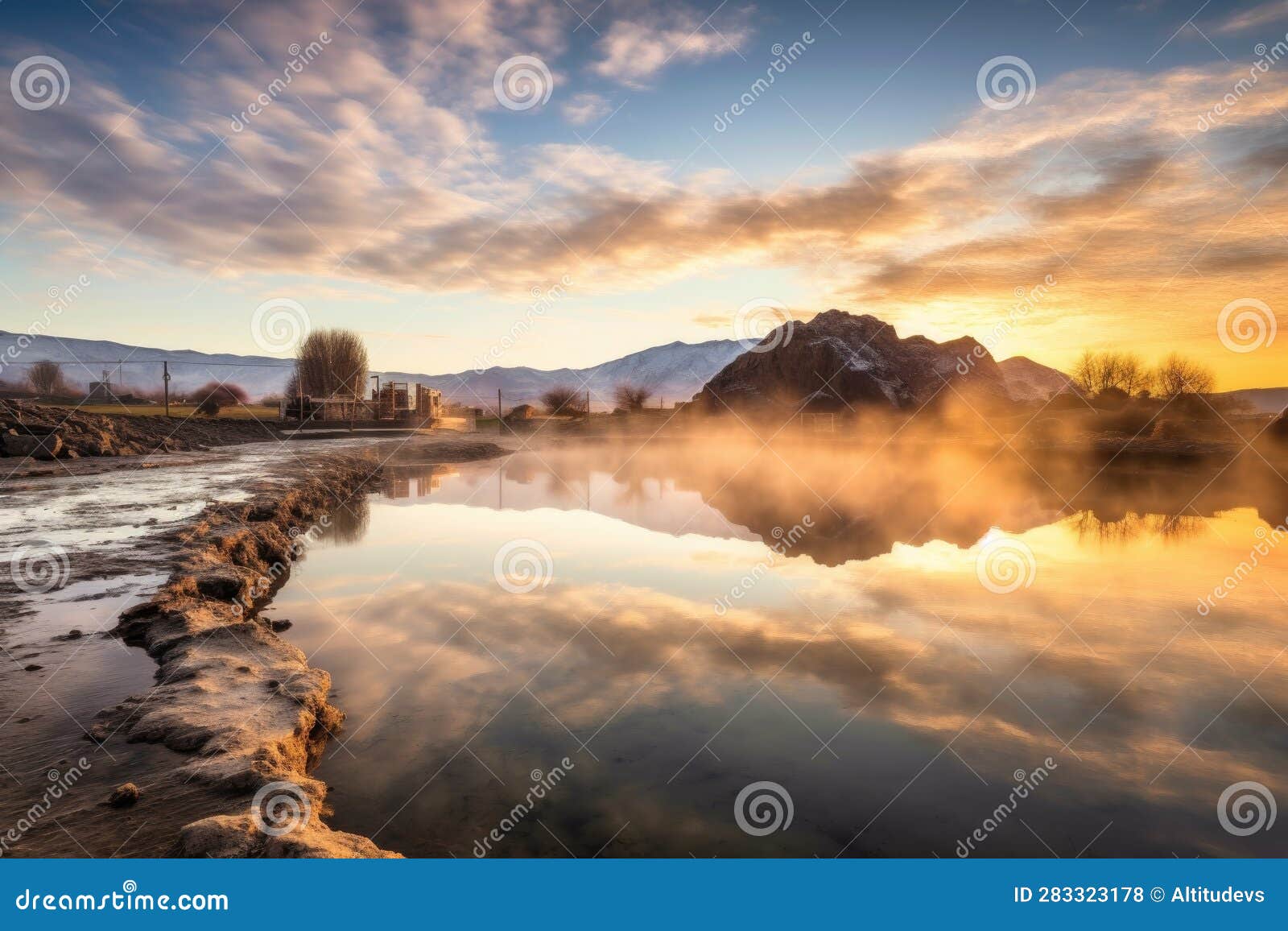 Steamy Hot Spring Reflecting the Sky at Sunrise Stock Illustration ...