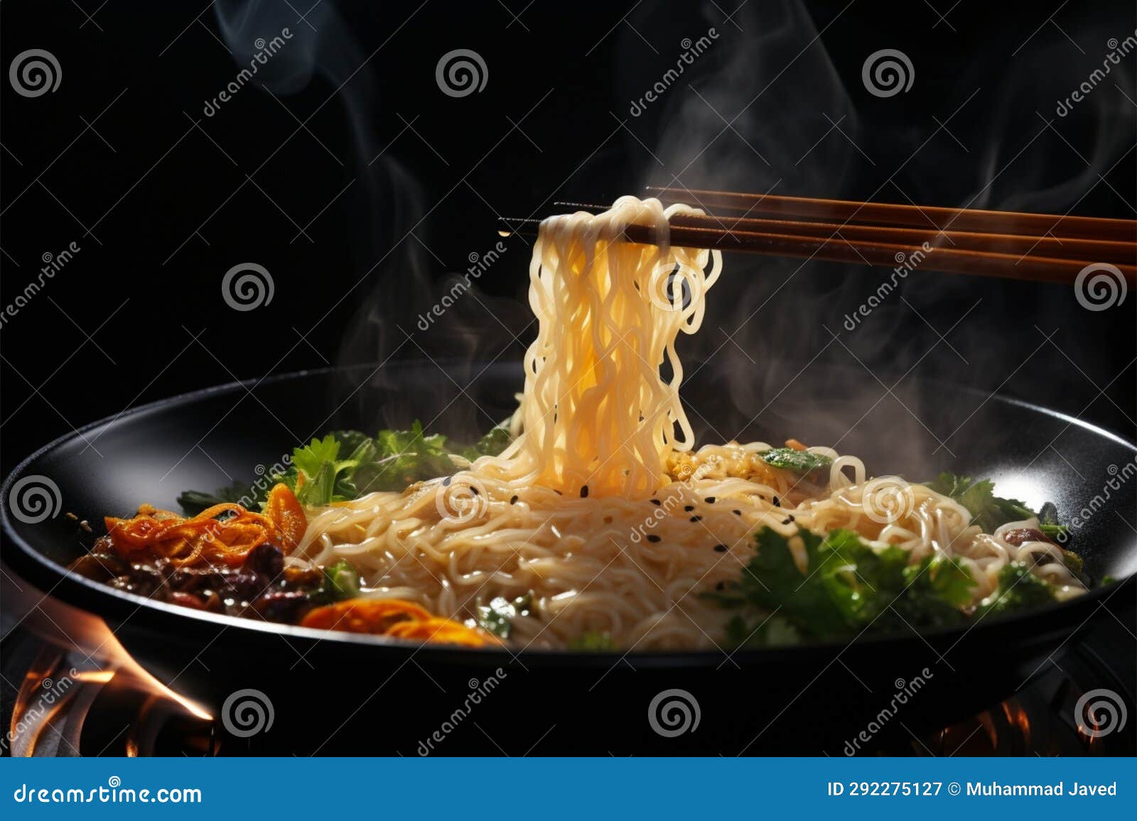 Steamy Noodle Dish, Chopsticks in Action, Set on a Black Surface Stock ...