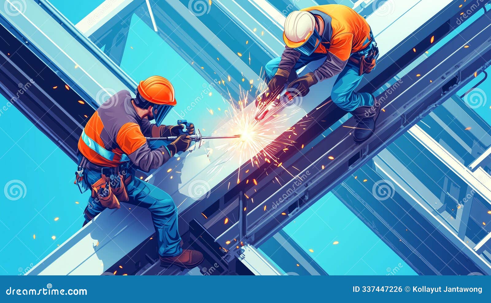 Steel Beam Installation: a 3D Vector Illustration of Workers Welding ...